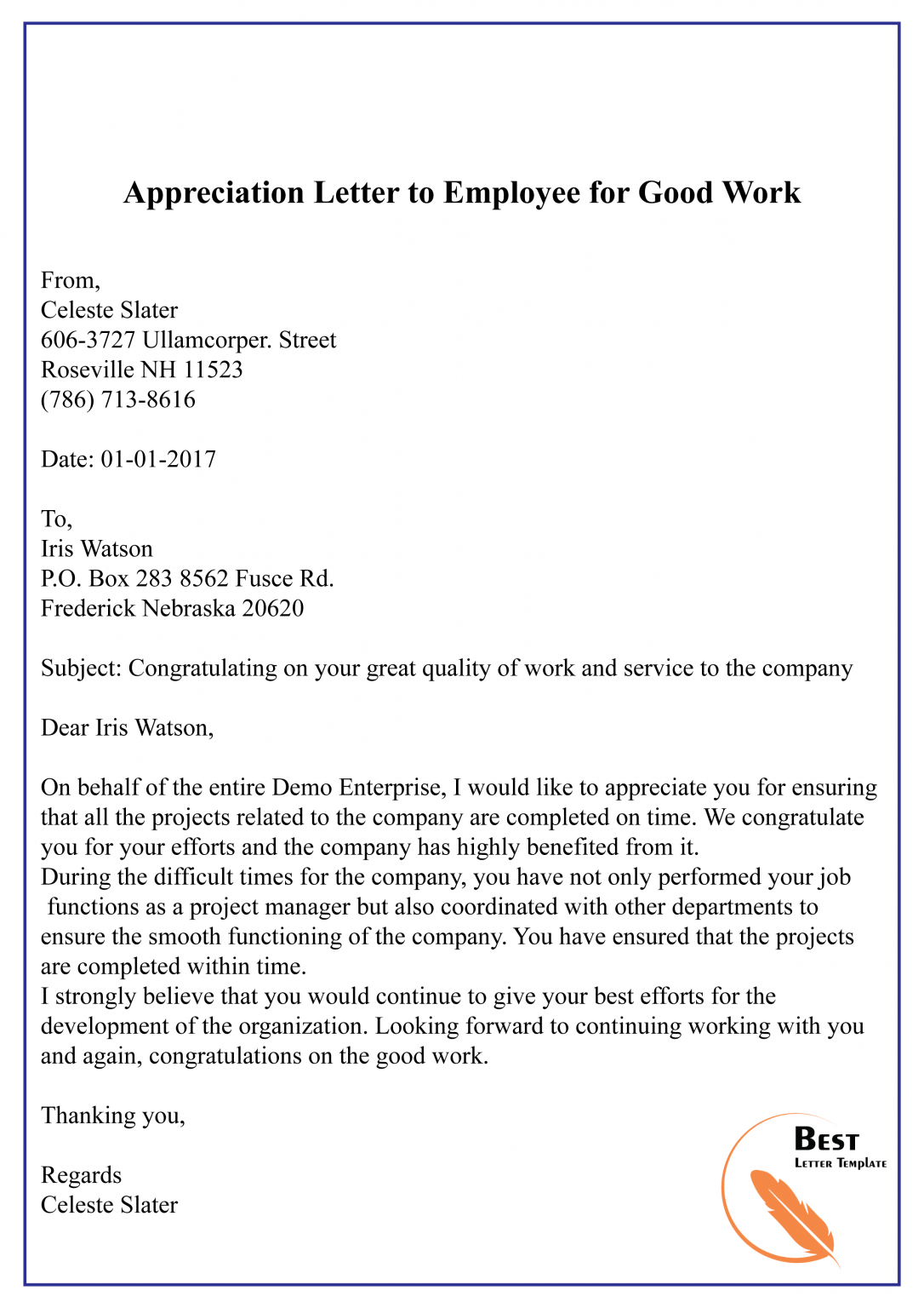 Appreciation Letter Template to Employee – Sample & Example