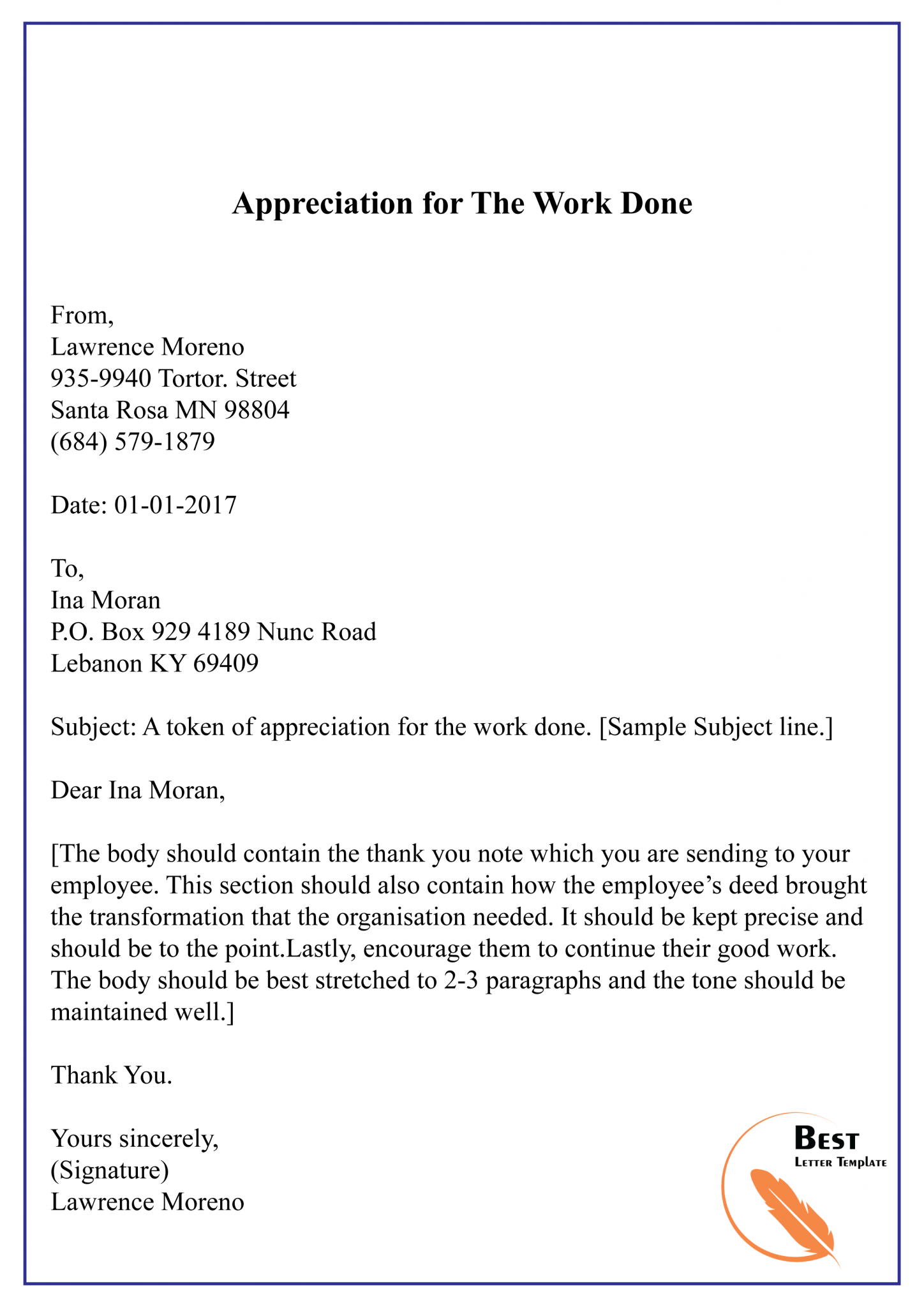Appreciation Letter Template to Employee – Sample & Example