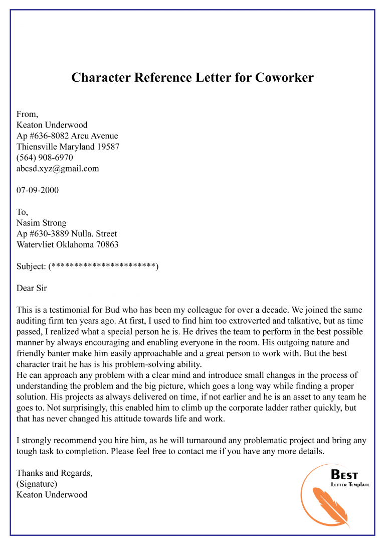 Character Reference Letter Template - Format, Sample & Example