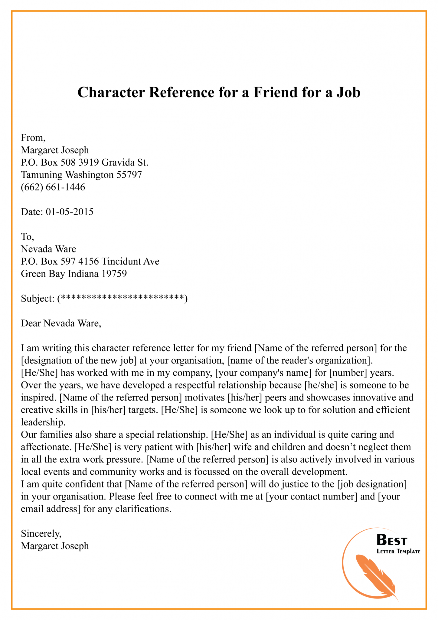 Character Reference Letter for Friend –Format, Sample & Example
