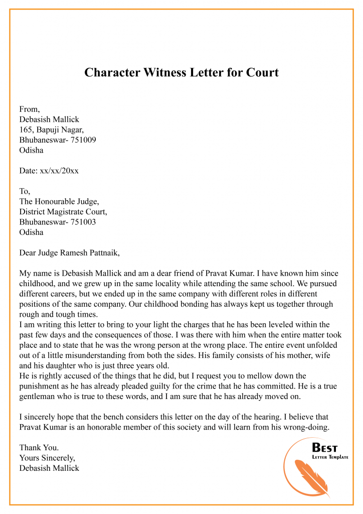 5+ Character Witness Letter Template - Format, Sample & Example