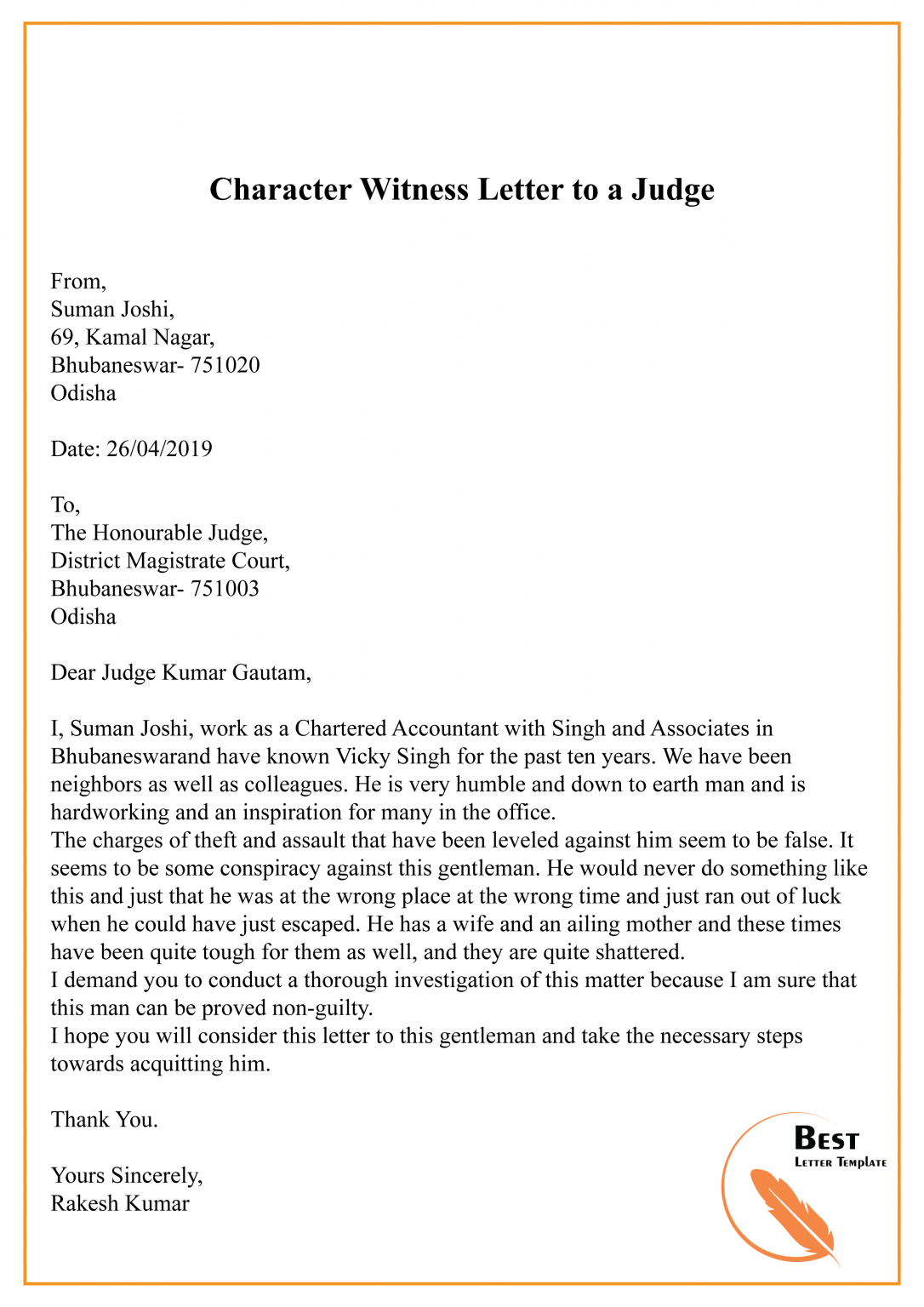 5+ Character Witness Letter Template - Format, Sample & Example
