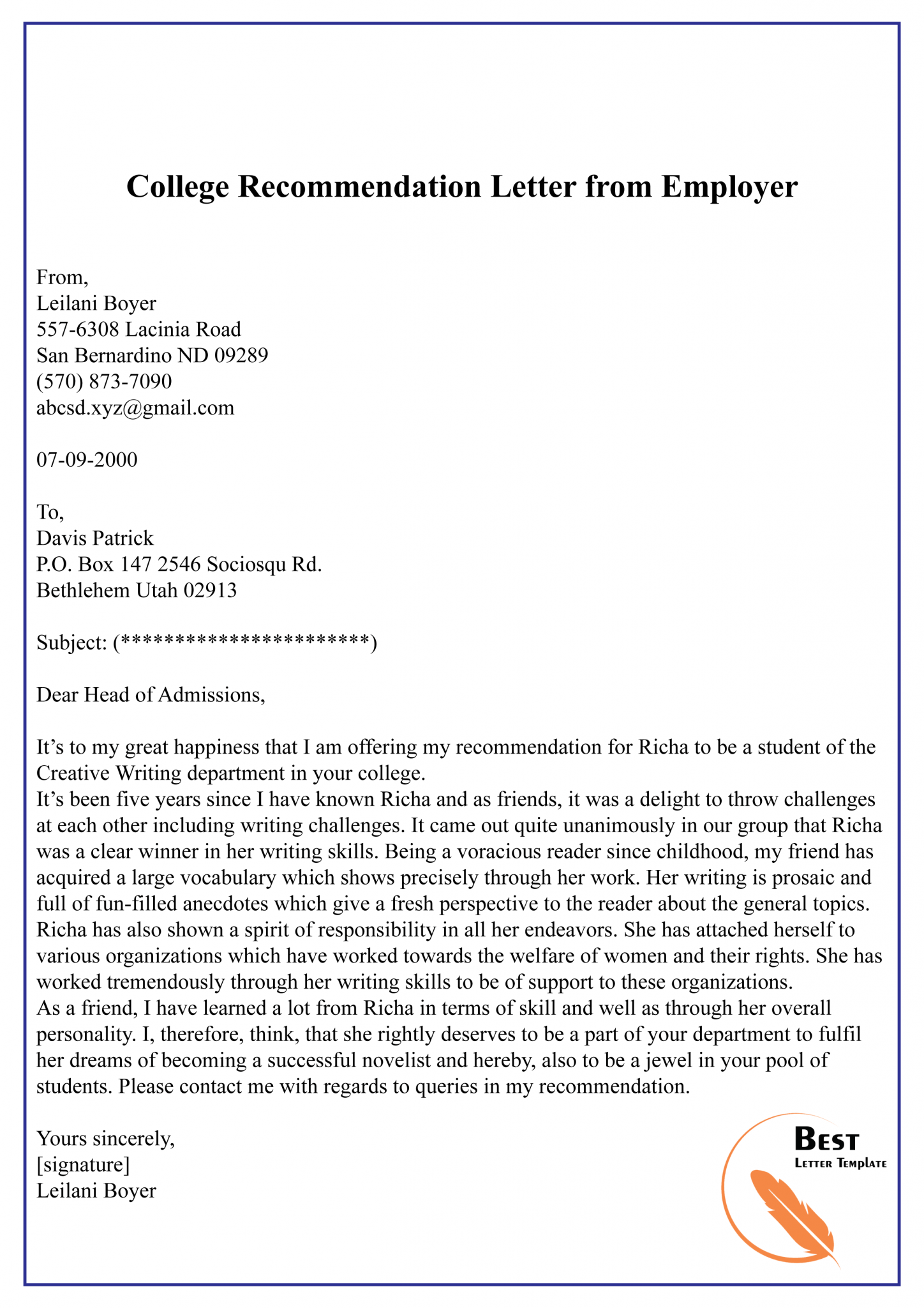 Recommendation Letter for University - Format, Sample & Example