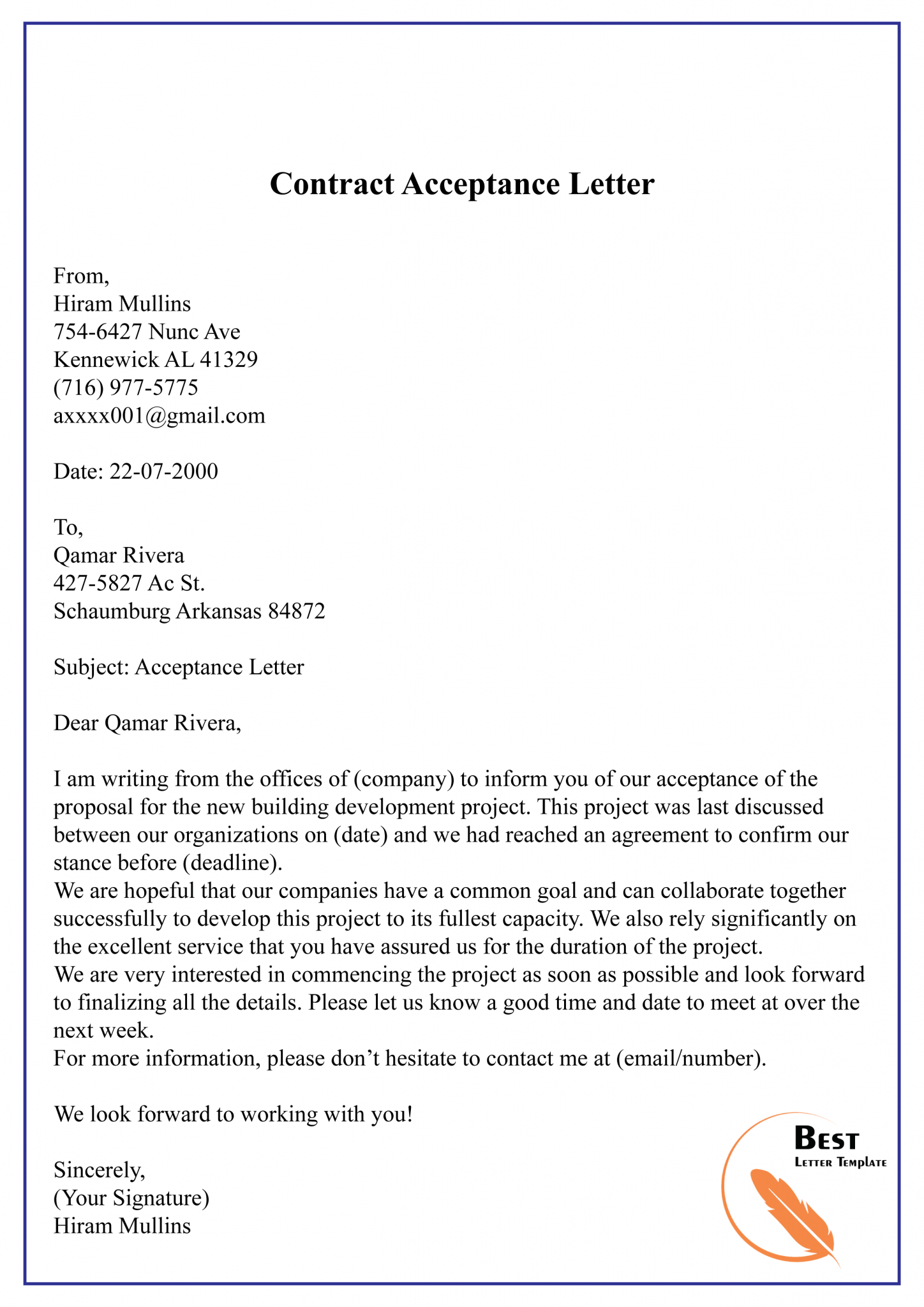 Proposal & Contract Acceptance Letter– Format Sample & Examples