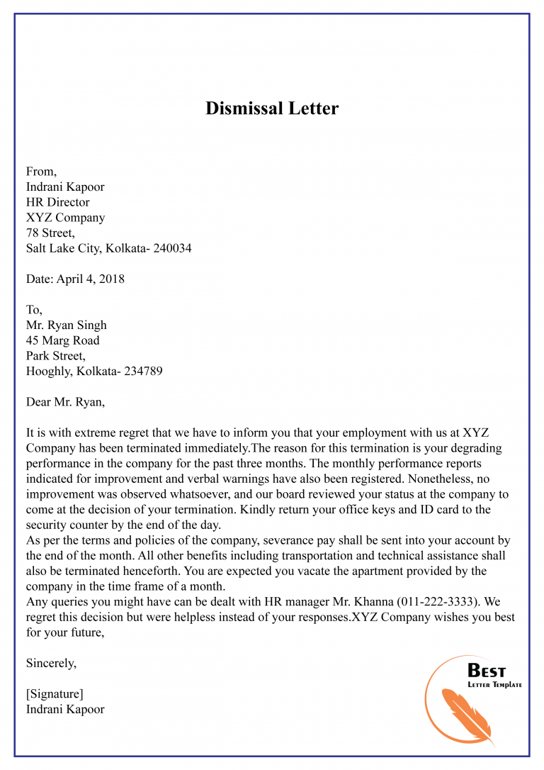 Termination (Dismissal) Letter Template– Format Sample & Example