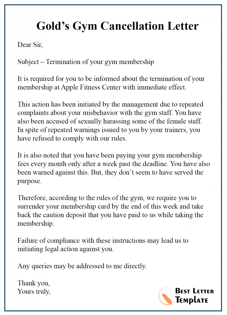 6 Free Sample Cancellation Letter Template For Gym Membership 6 Free Sample Cancellation Letter Template For Gym Membership