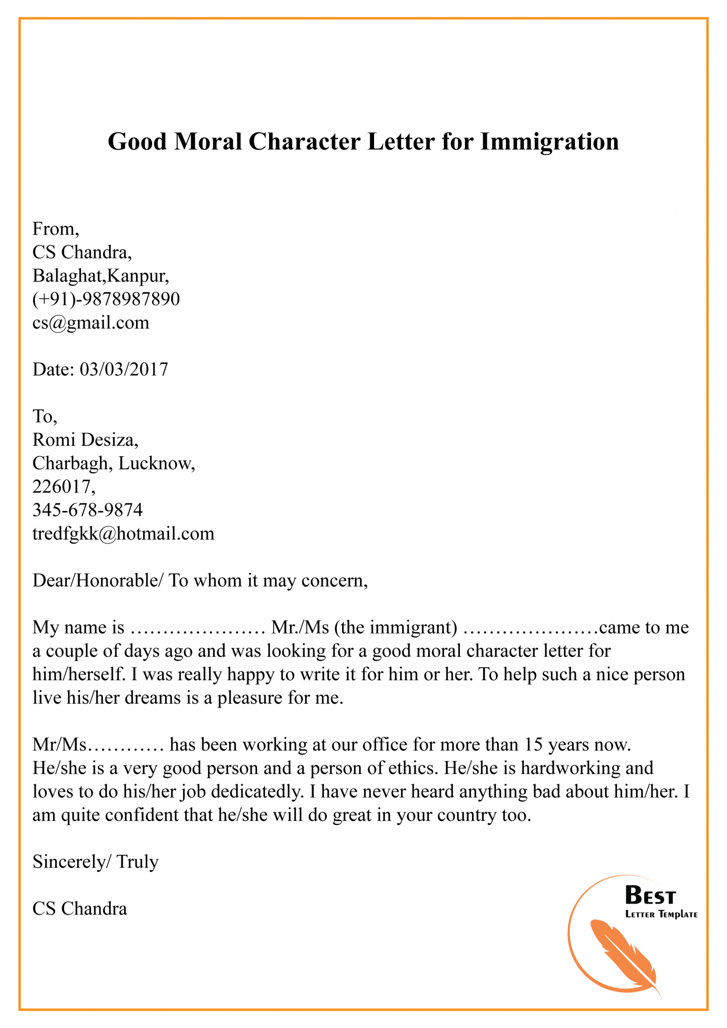 Character Reference Letter for Immigration - Sample & Example