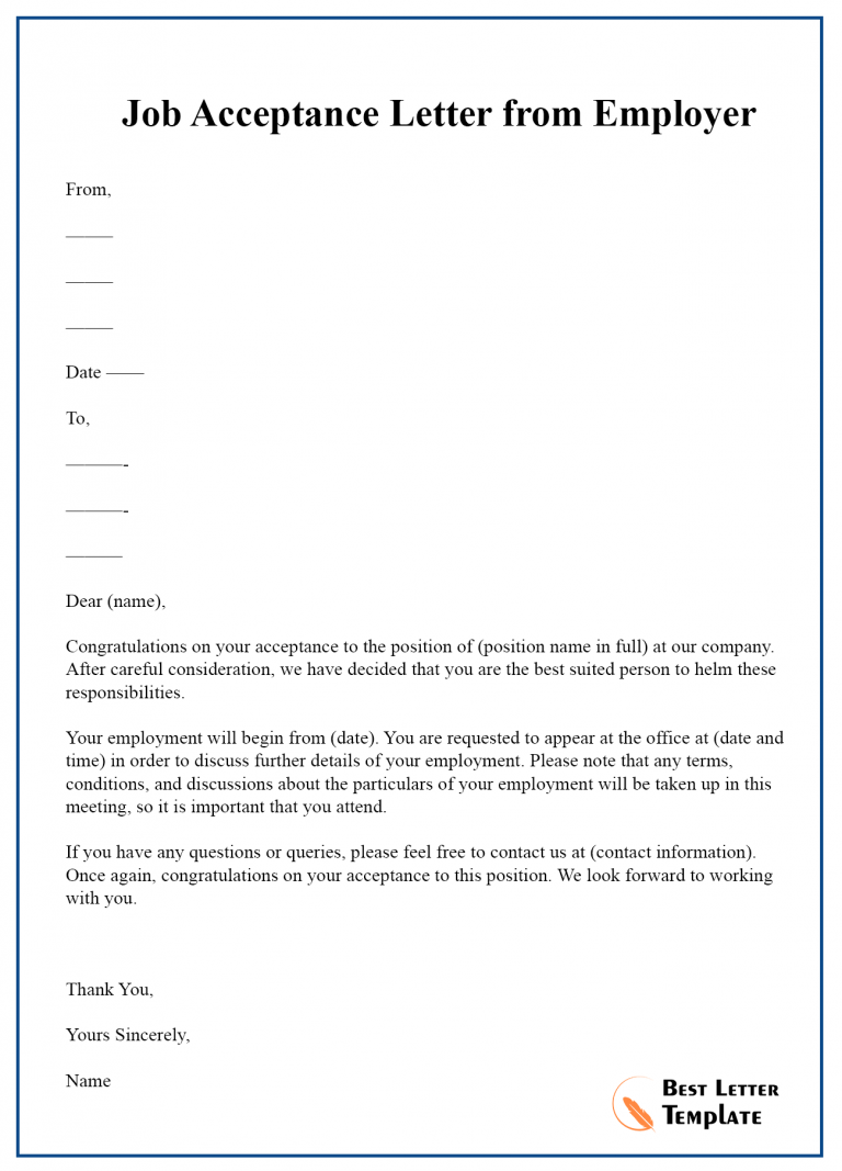 Job Acceptance Letter Template - Format, Sample & Example
