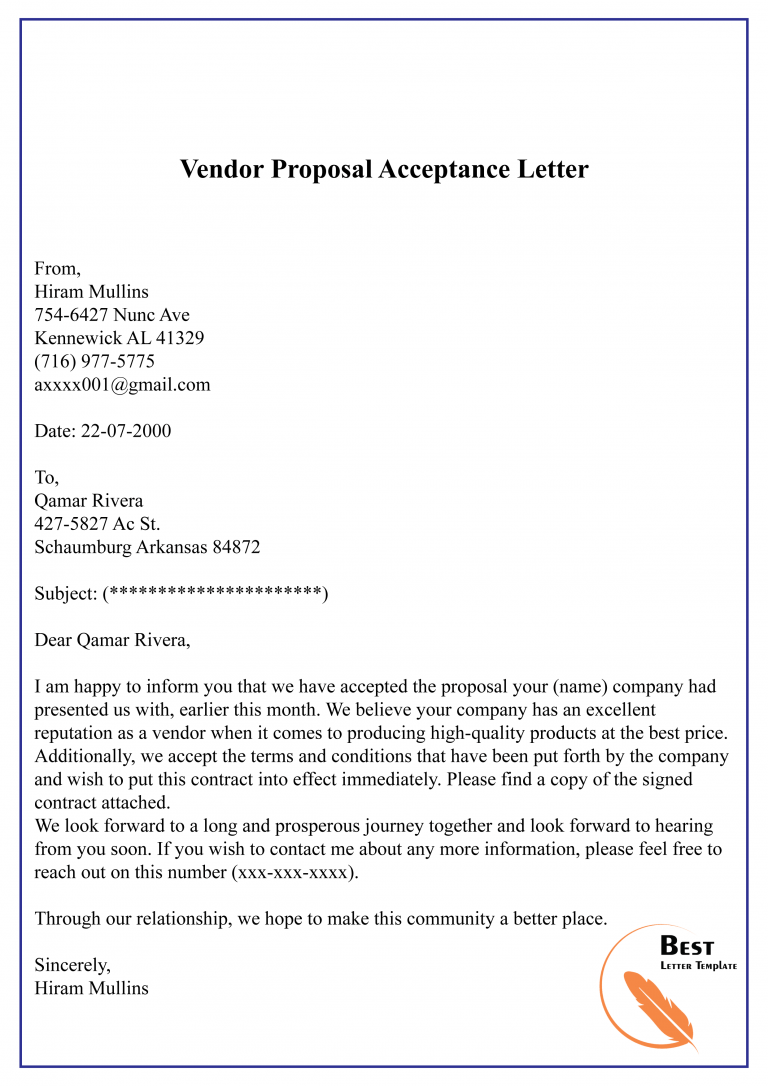 Proposal & Contract Acceptance Letter– Format Sample & Examples