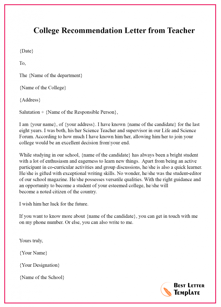Recommendation Letter for Teacher – Format, Sample & Example