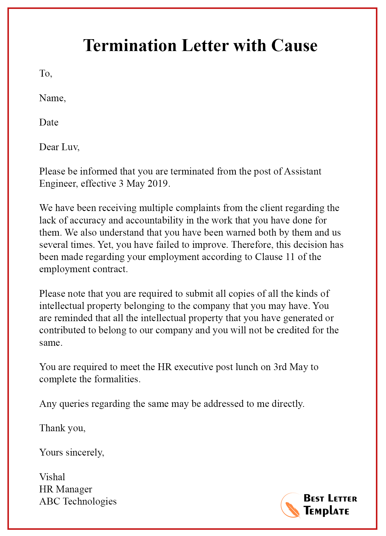 Sample Termination Letter Template With Cause Without Cause Sample Termination Letter Template With Cause Without Cause