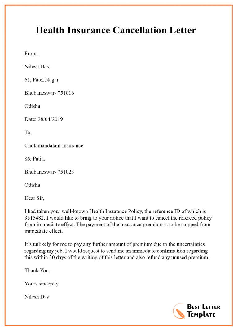 Insurance Cancellation Letter Template - Format Sample & Example
