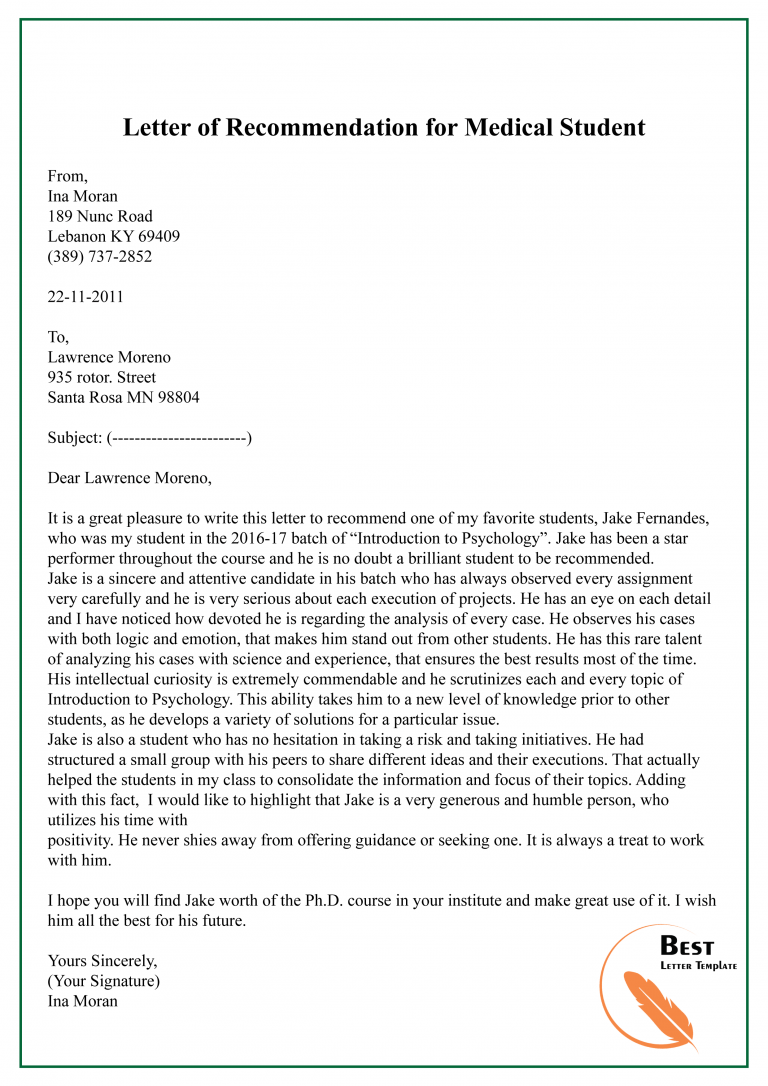 3+ Free Sample Recommendation Letter for Medical