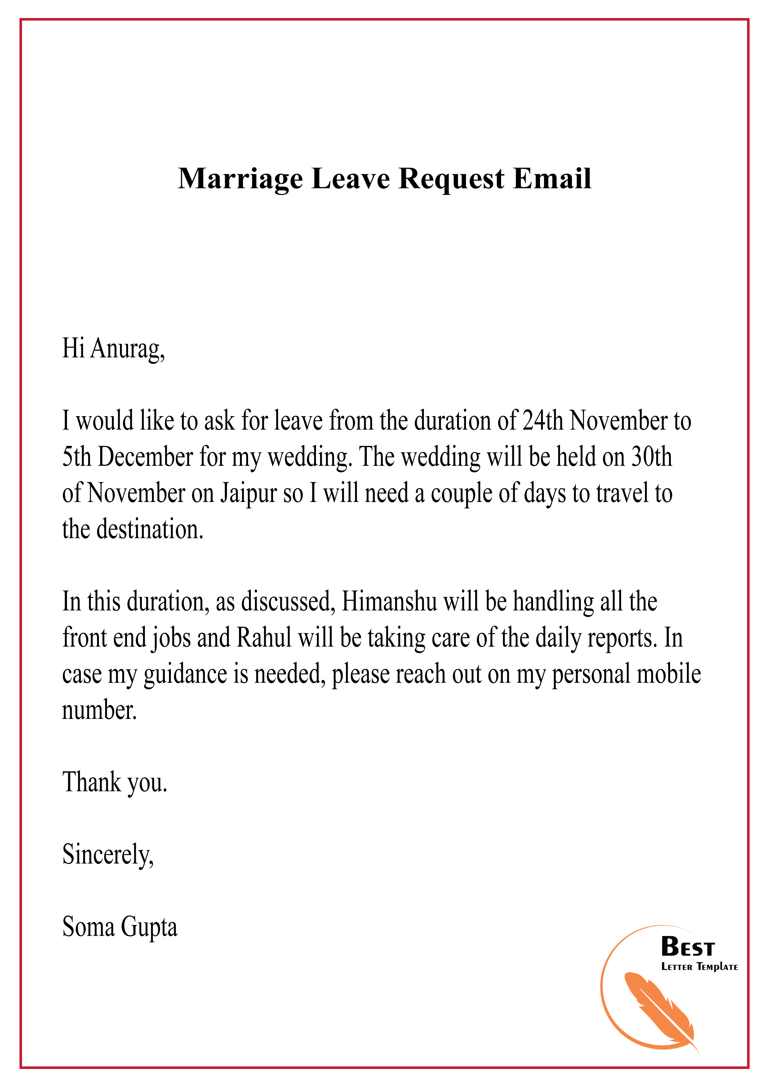 Marriage Leave Request Email 01 Best Letter Template Marriage Leave Request Email 01 Best Letter Template