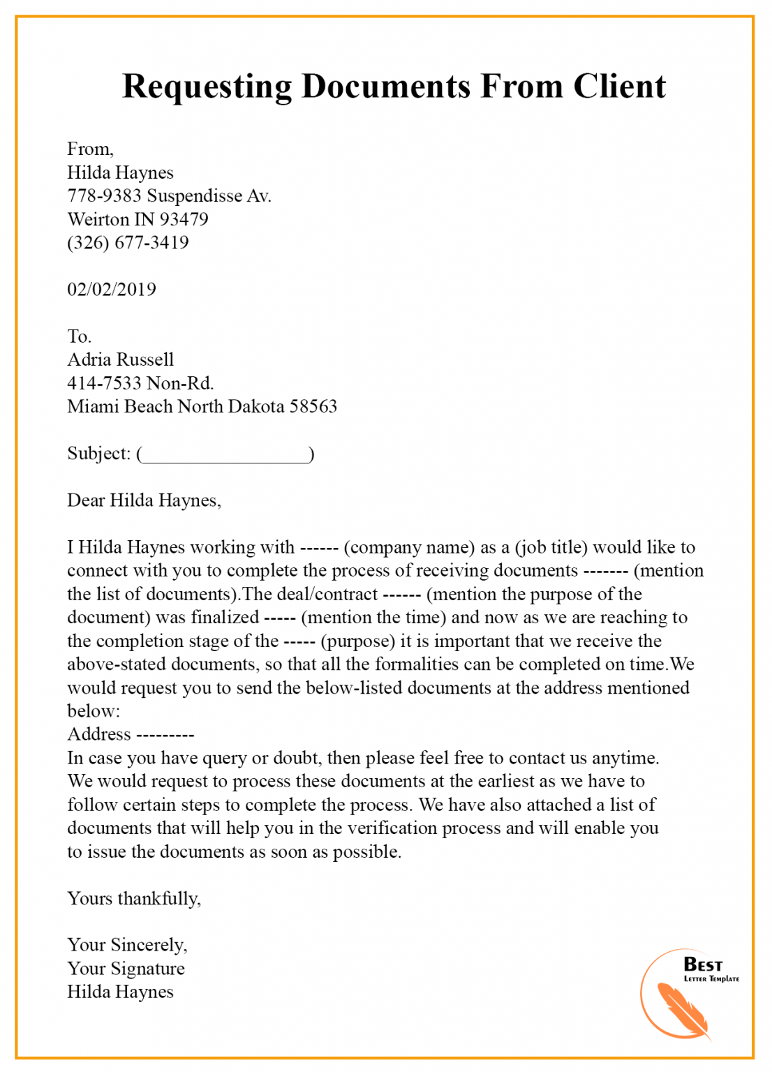 Sample Request Letter Template for Documents with Example