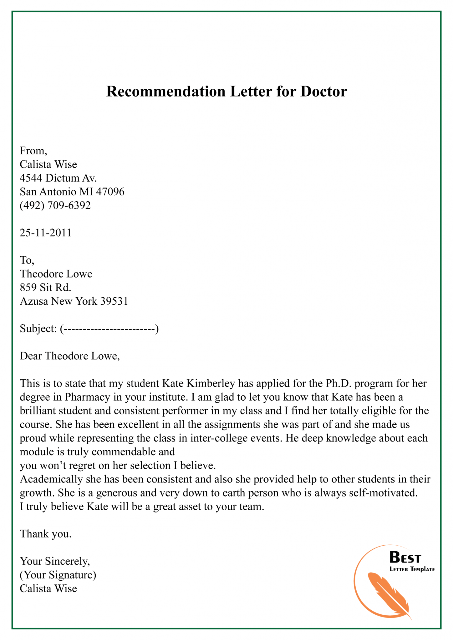 3+ Free Sample Recommendation Letter for Medical