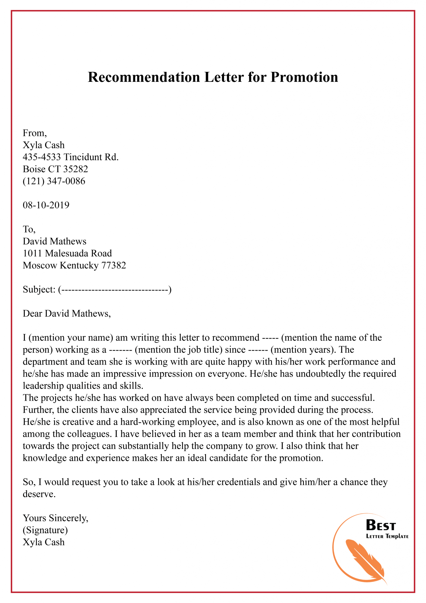 Recommendation Letter For Promotion Format Sample Example Recommendation Letter For Promotion Format Sample Example