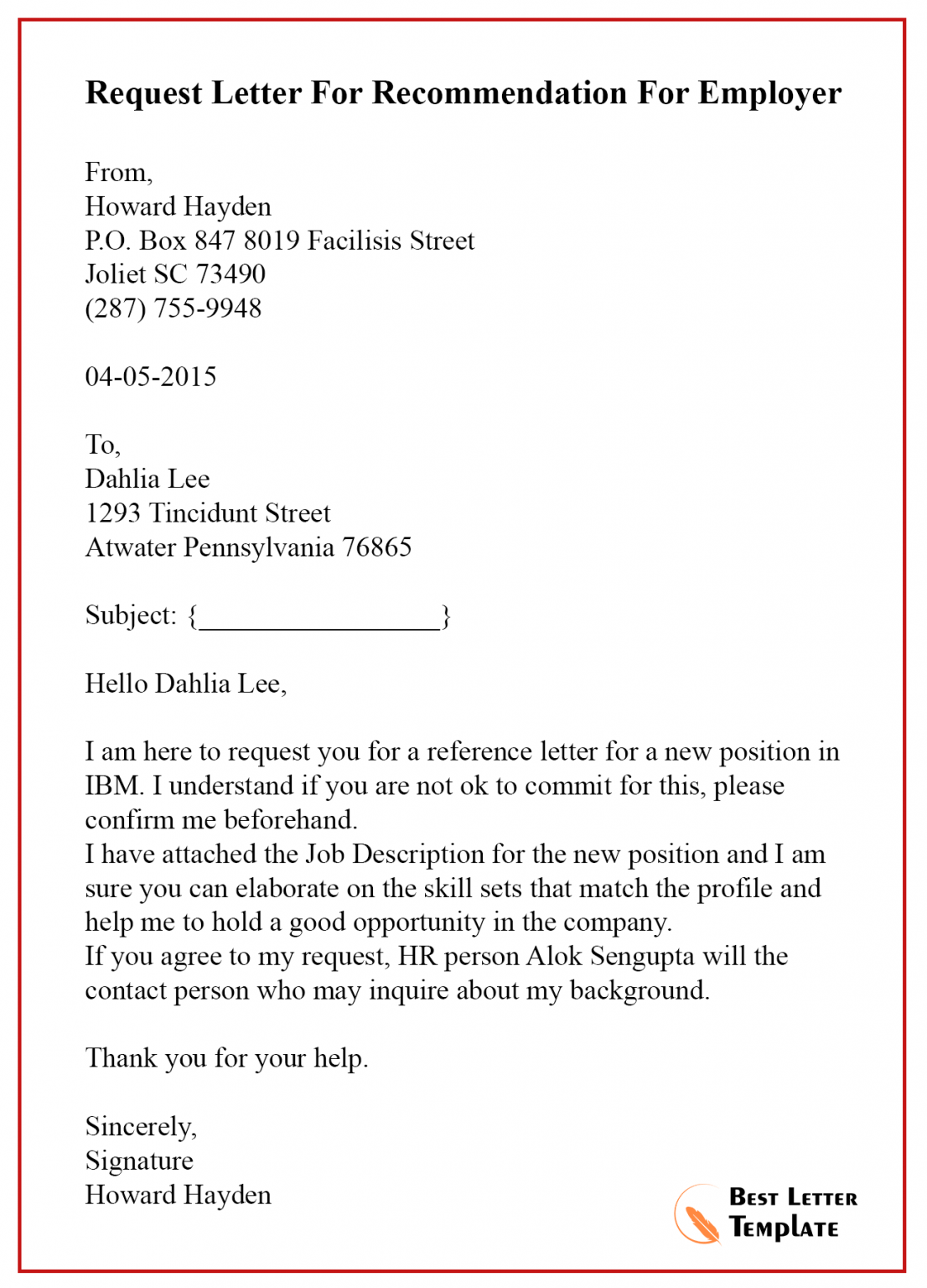 Request Letter Template for Recommendation - Sample & Example
