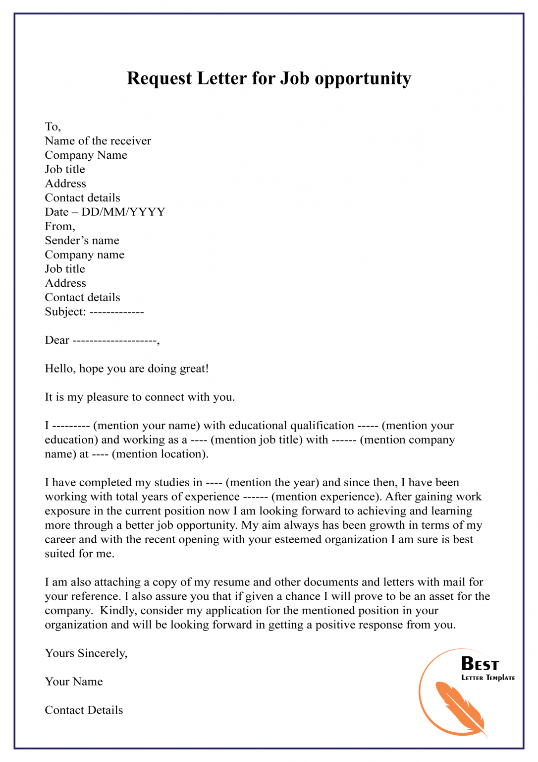 Request Letter Template for Job Opportunity - Sample & Example