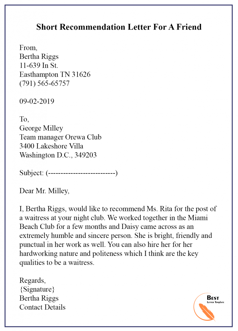 Recommendation Letter For A Friend Format Sample Example Recommendation Letter For A Friend Format Sample Example