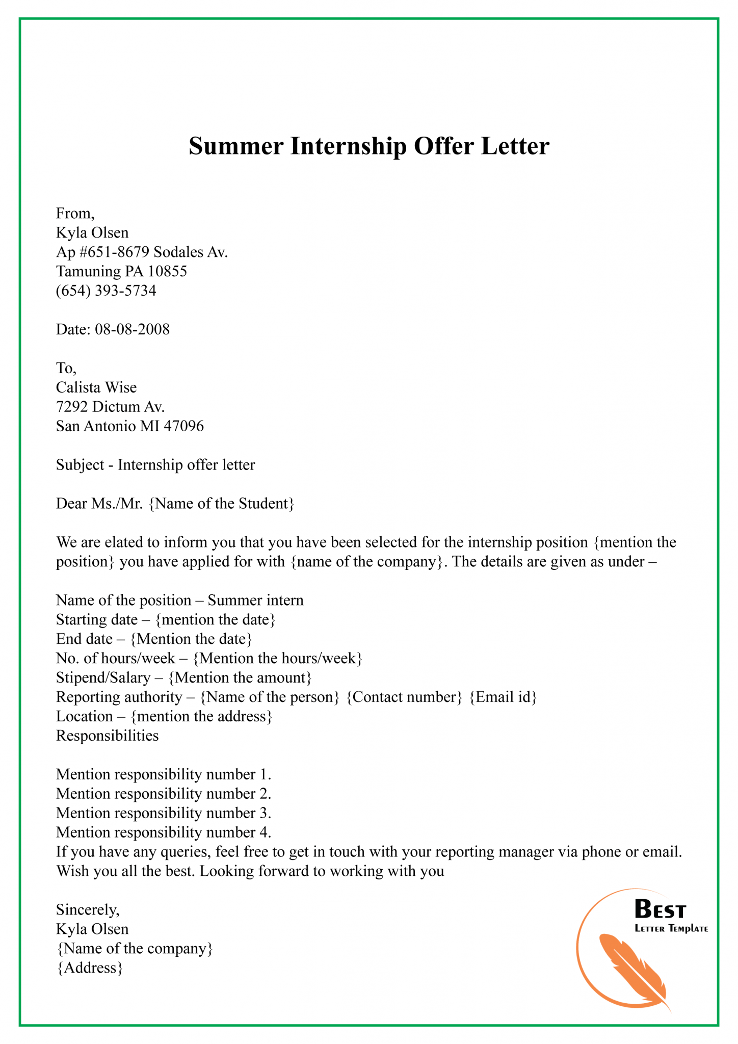 3+ Free Internship Offer Letter Template - Sample & Example