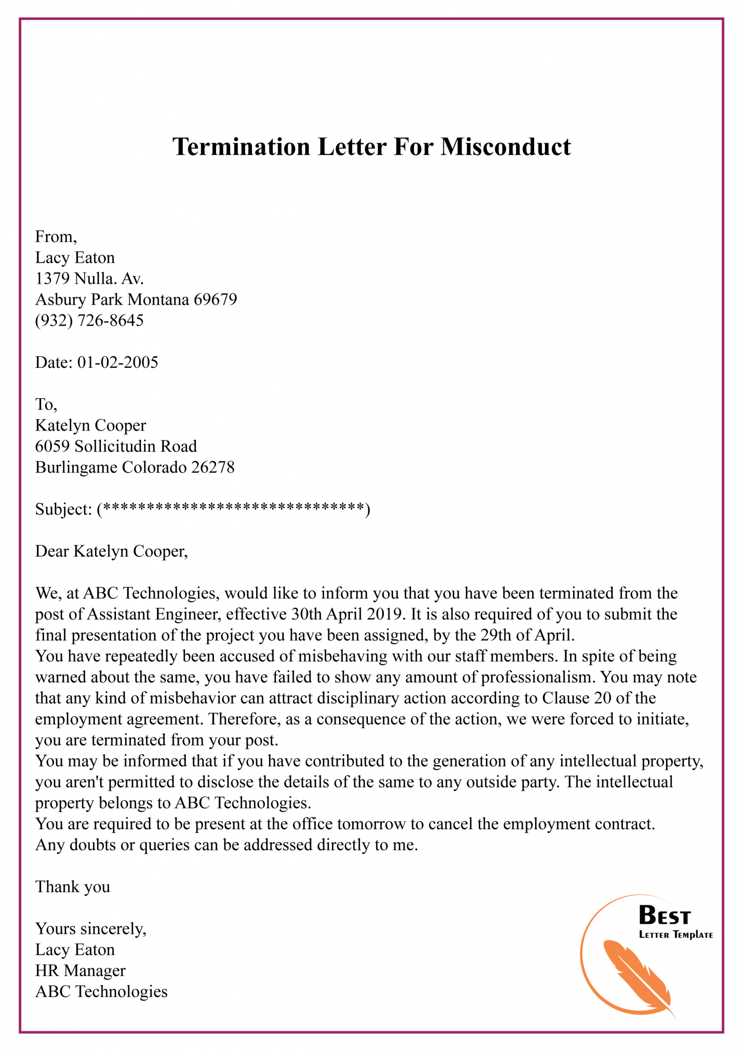 Termination Letter Template for Misconduct - Sample & Example