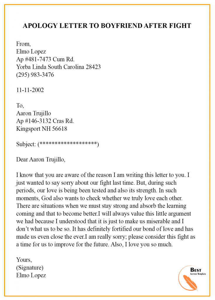 Apology Letter Template to Boyfriend - Sample & Example