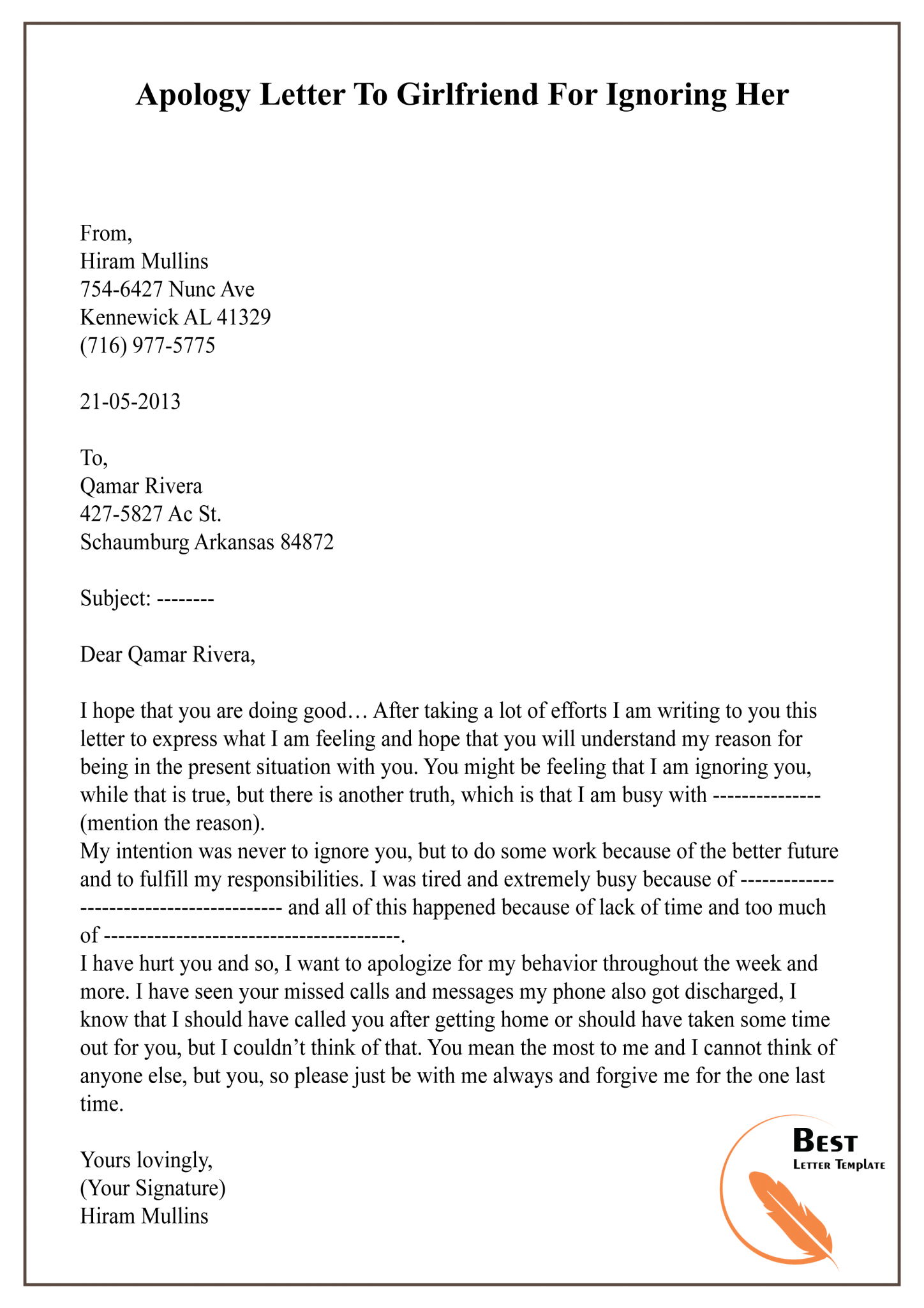 Apology Letter Template To Girlfriend - Sample & Example