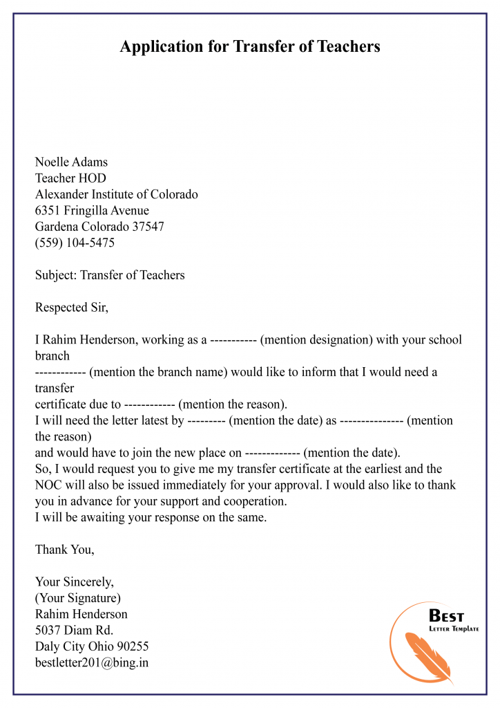 Transfer Letter Template For School Format Sample Example Transfer Letter Template For School Format Sample Example