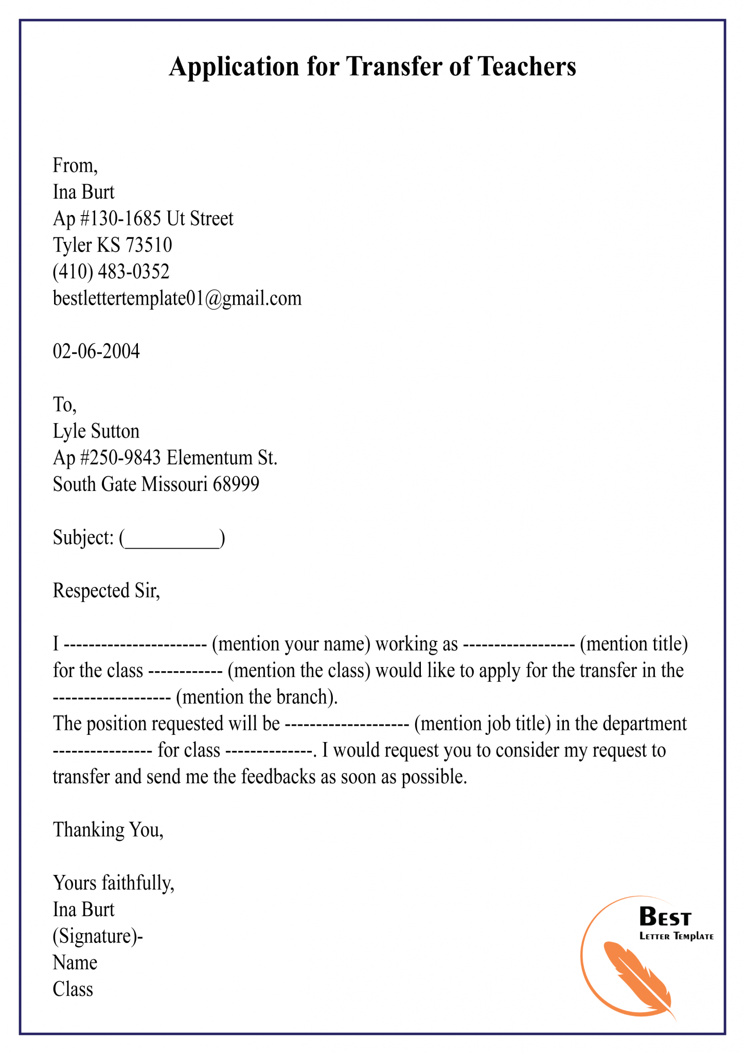 11+ Free Transfer Letter Template – Format, Sample & Example