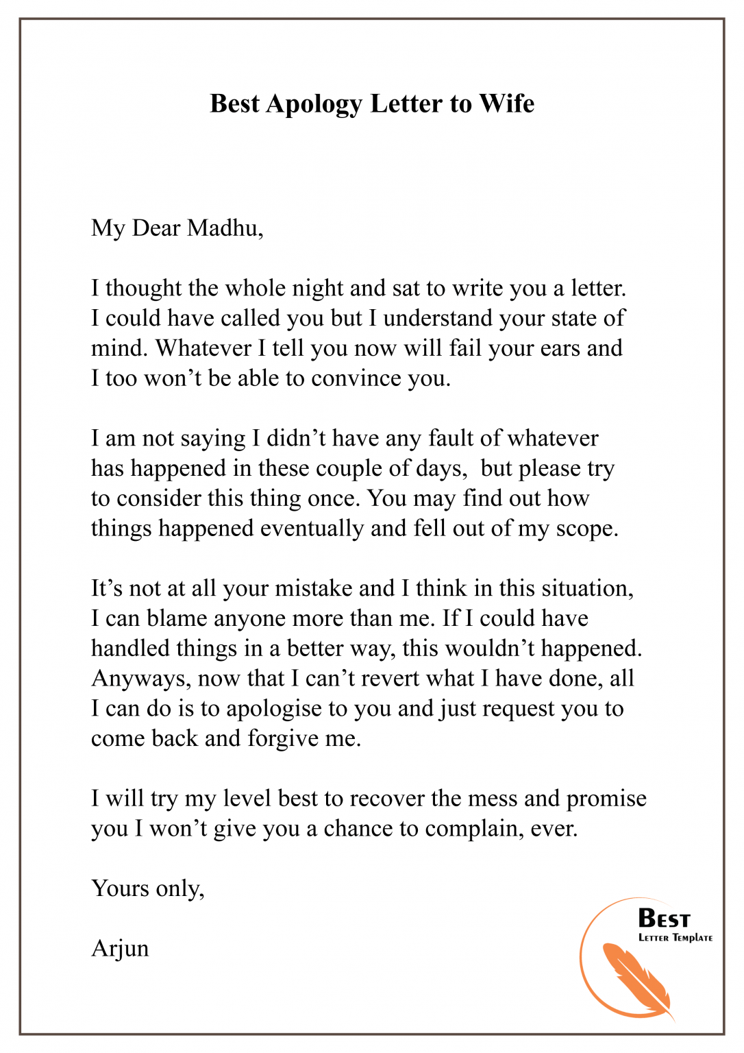 Apology Letter Template to Wife - Sample & Example