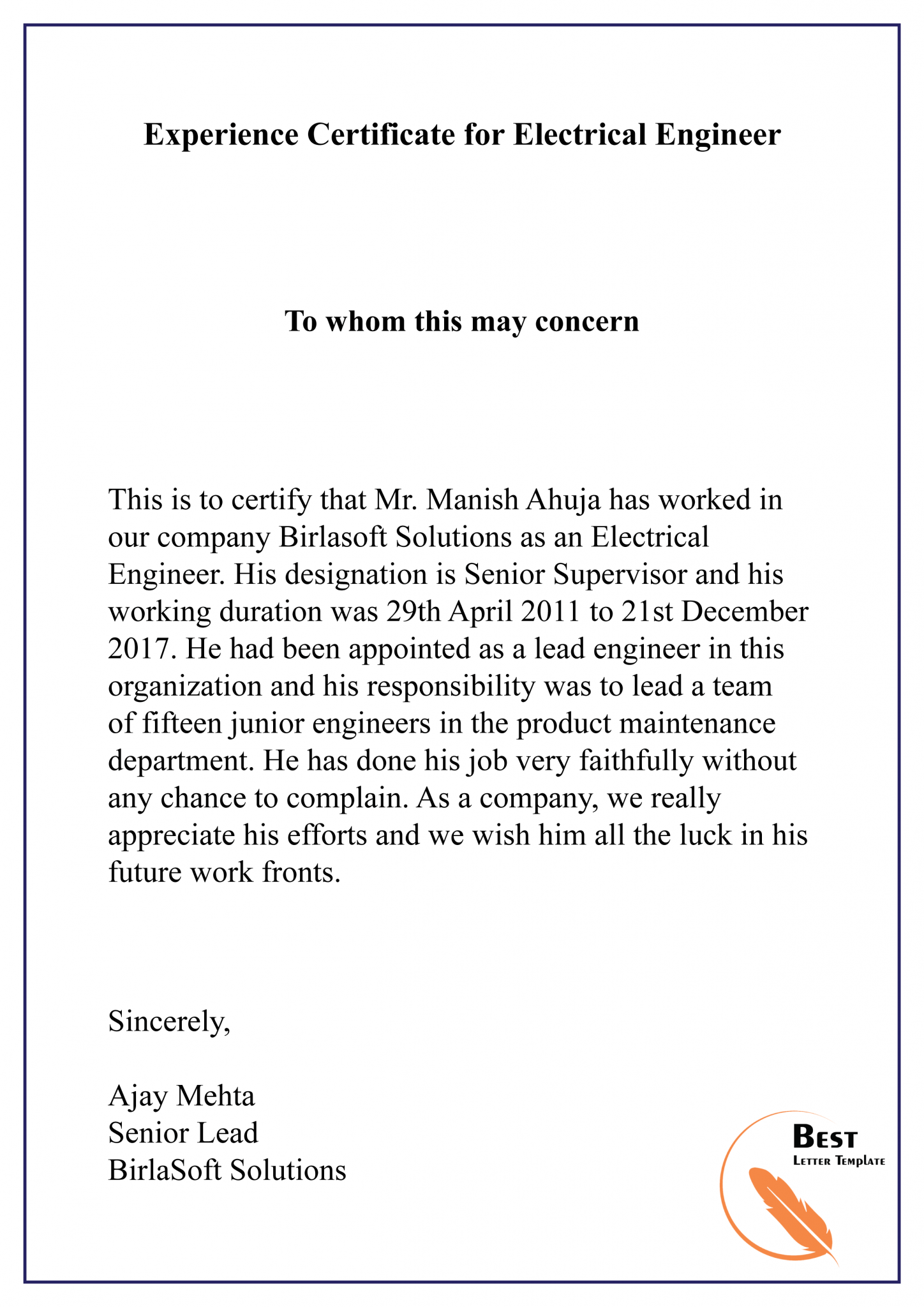 Experience Certificate for Engineer - Format, Sample & Example