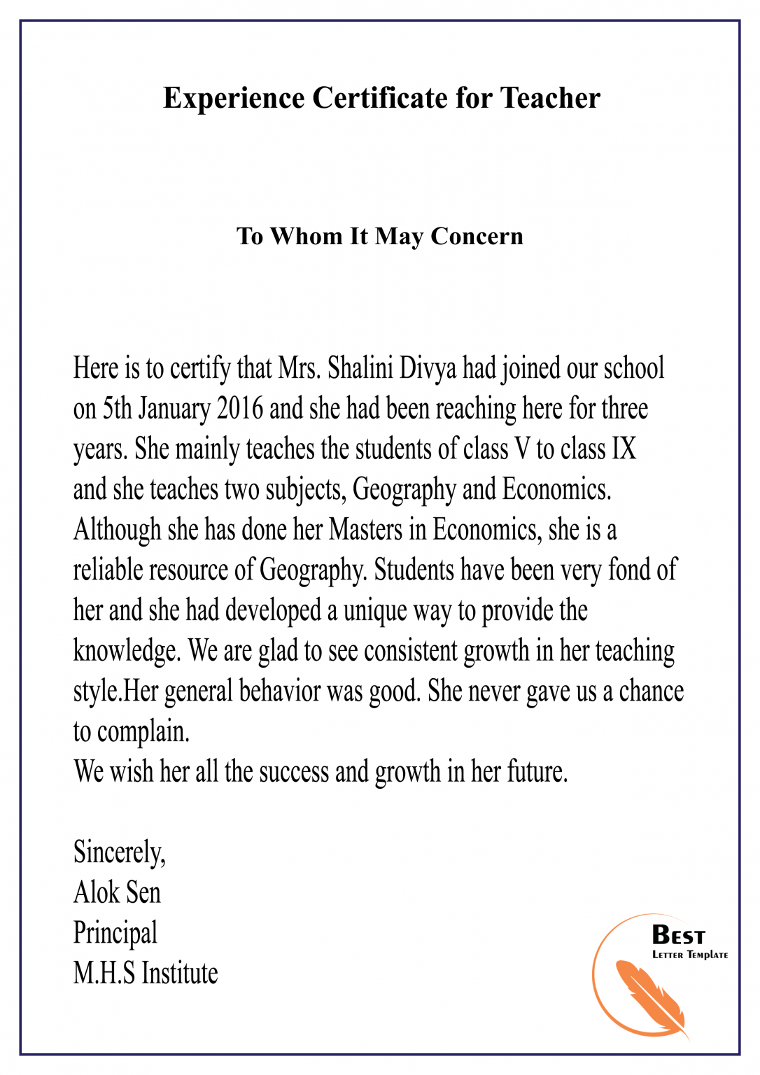 Experience Certificate For Teacher – Format, Sample & Example