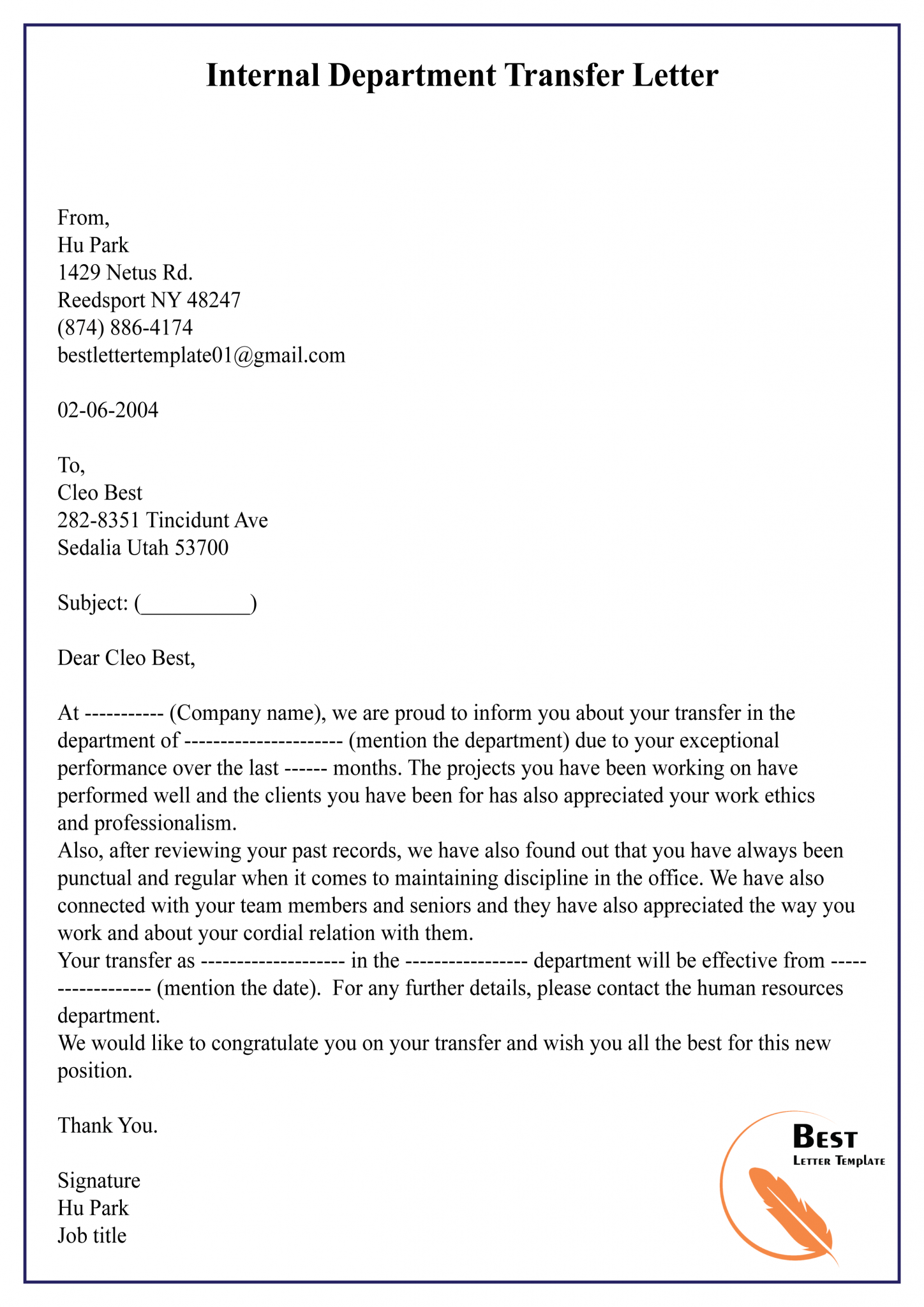 11+ Free Transfer Letter Template – Format, Sample & Example