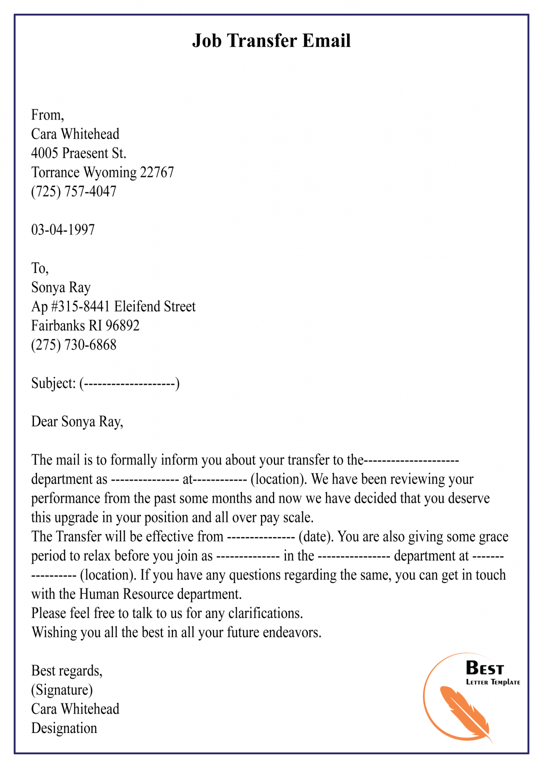 11+ Free Transfer Letter Template – Format, Sample & Example