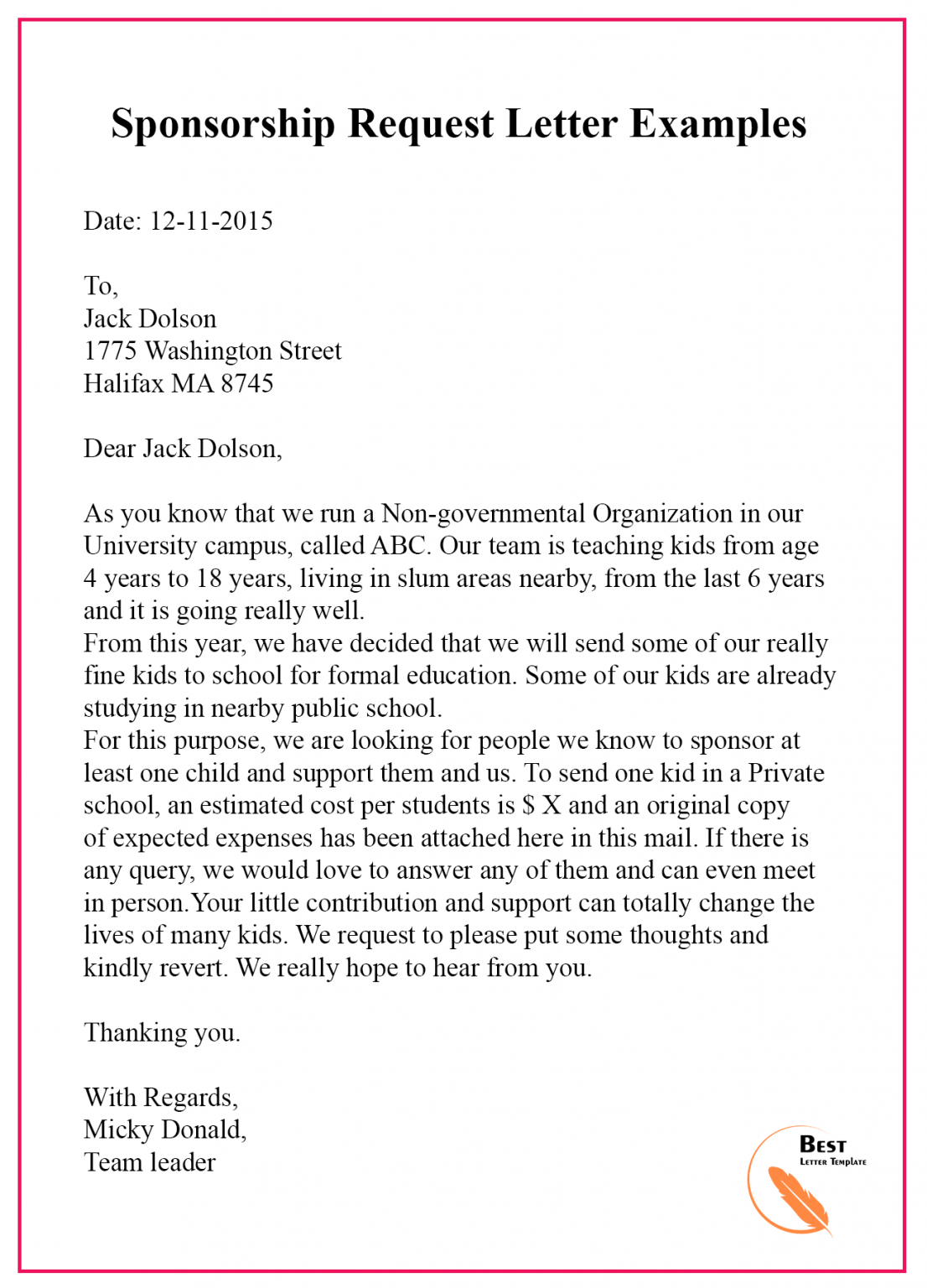 Request Letter for Sponsorship – Format, Sample & Example