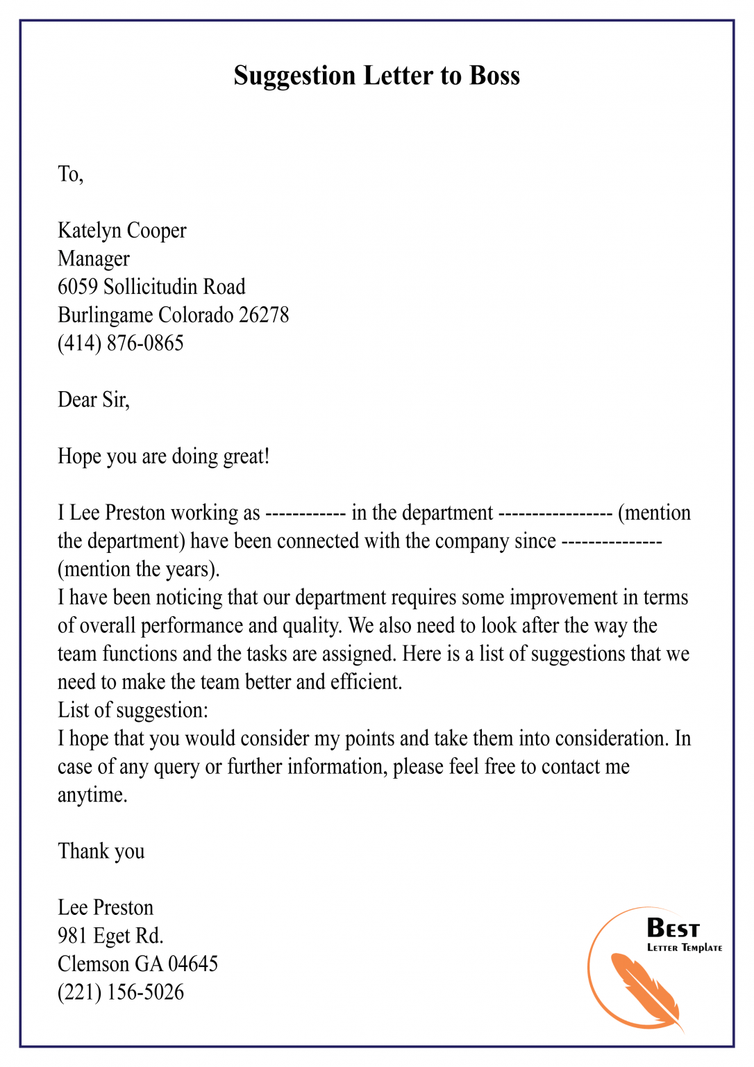 5+ Free Suggestion Letter Template - Format, Sample & Example