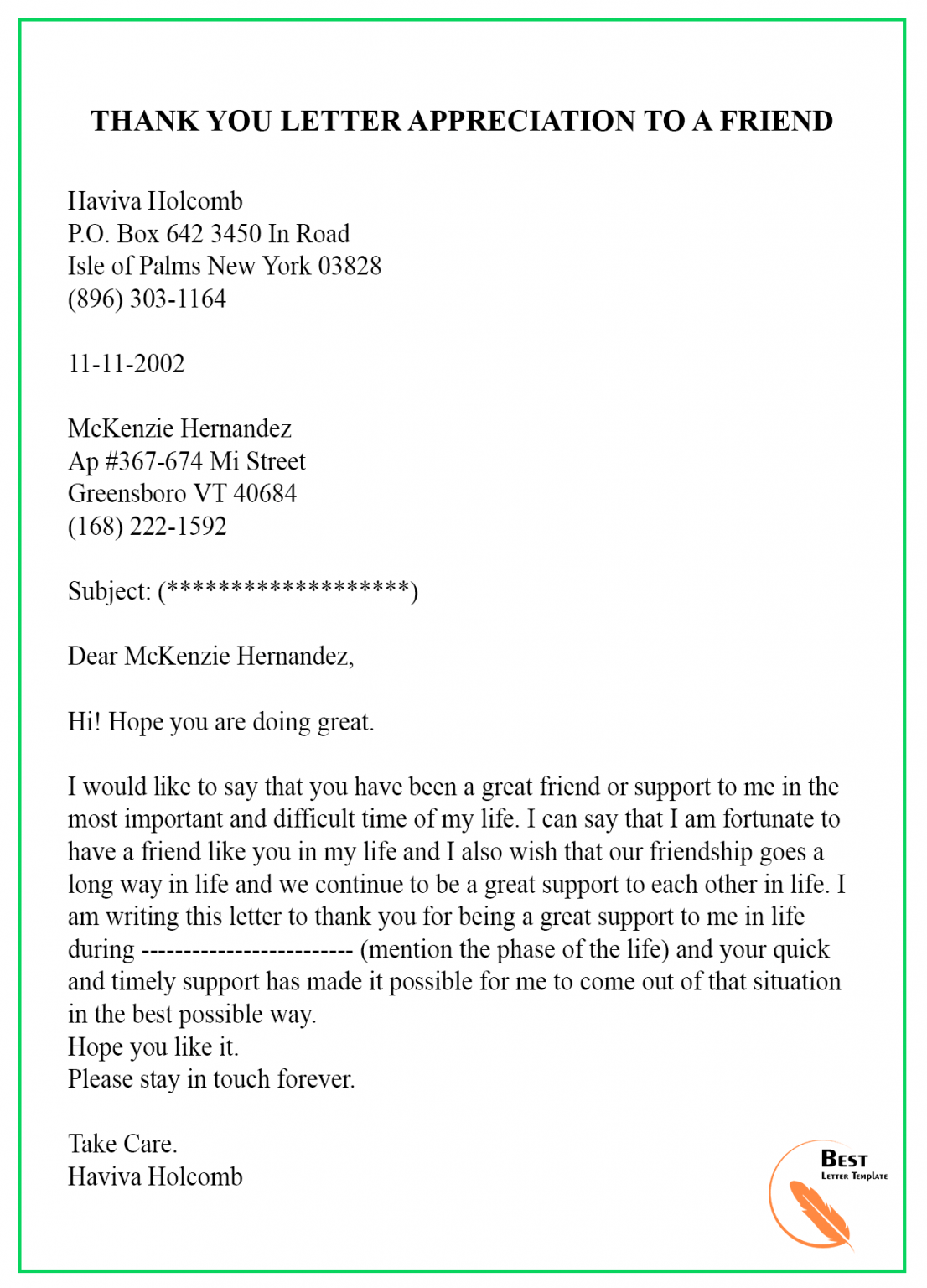 Thank You Letter Template For Appreciation Sample Examples