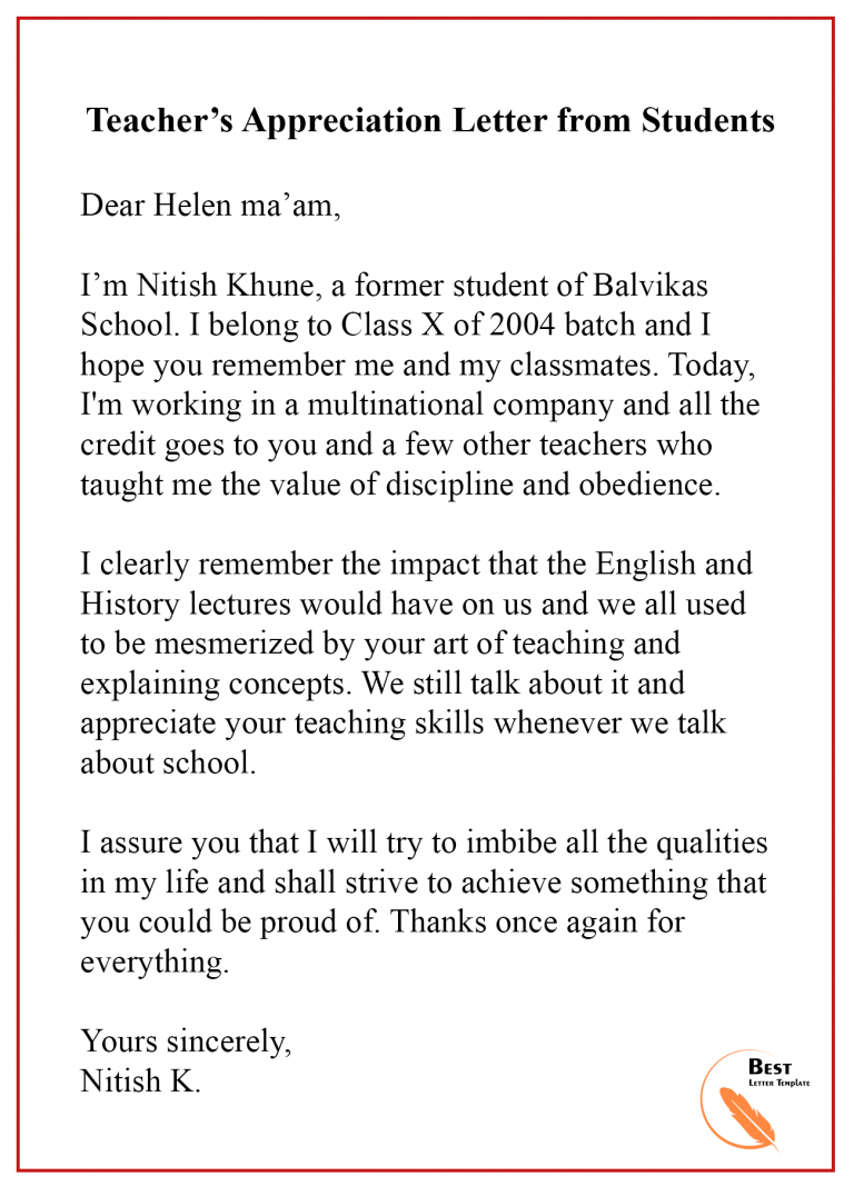 Teachers Appreciation Letter from Students Best Letter Template