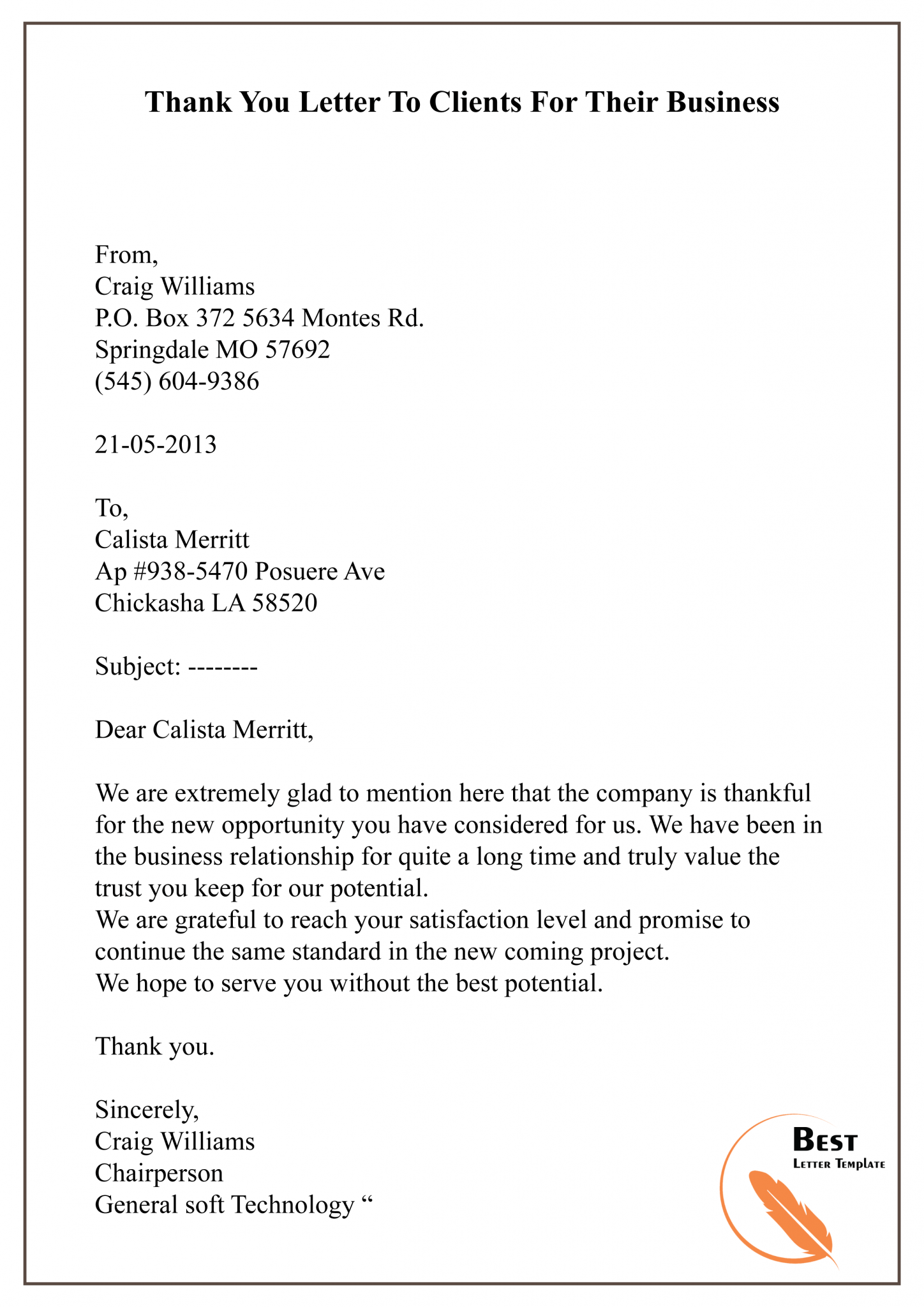 Thank You Letter Template To Client - Sample & Example