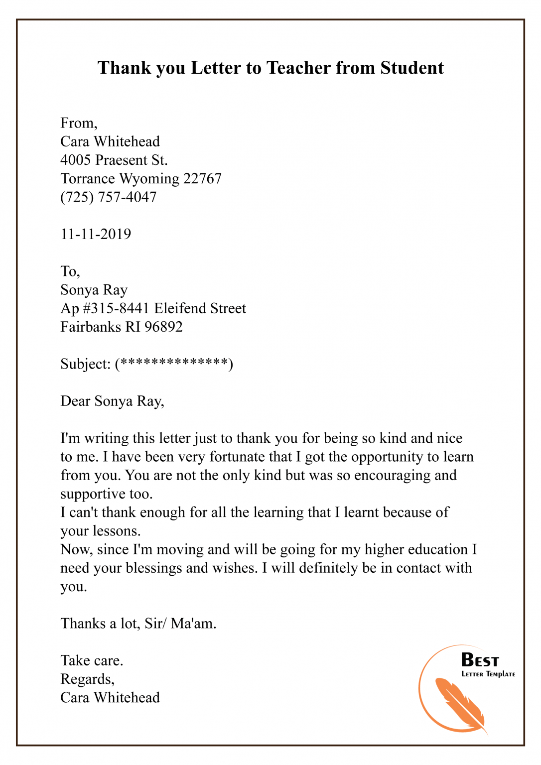 Sample Thank You Letter Template to Teacher/Professor