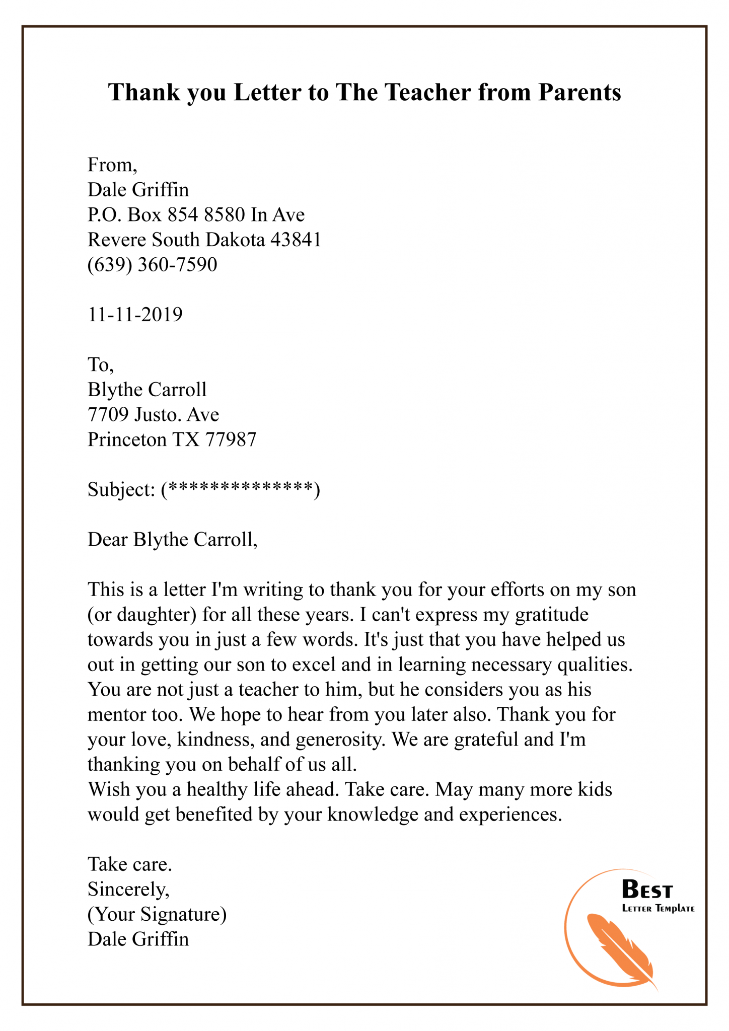 Sample Thank You Letter Template to Teacher/Professor
