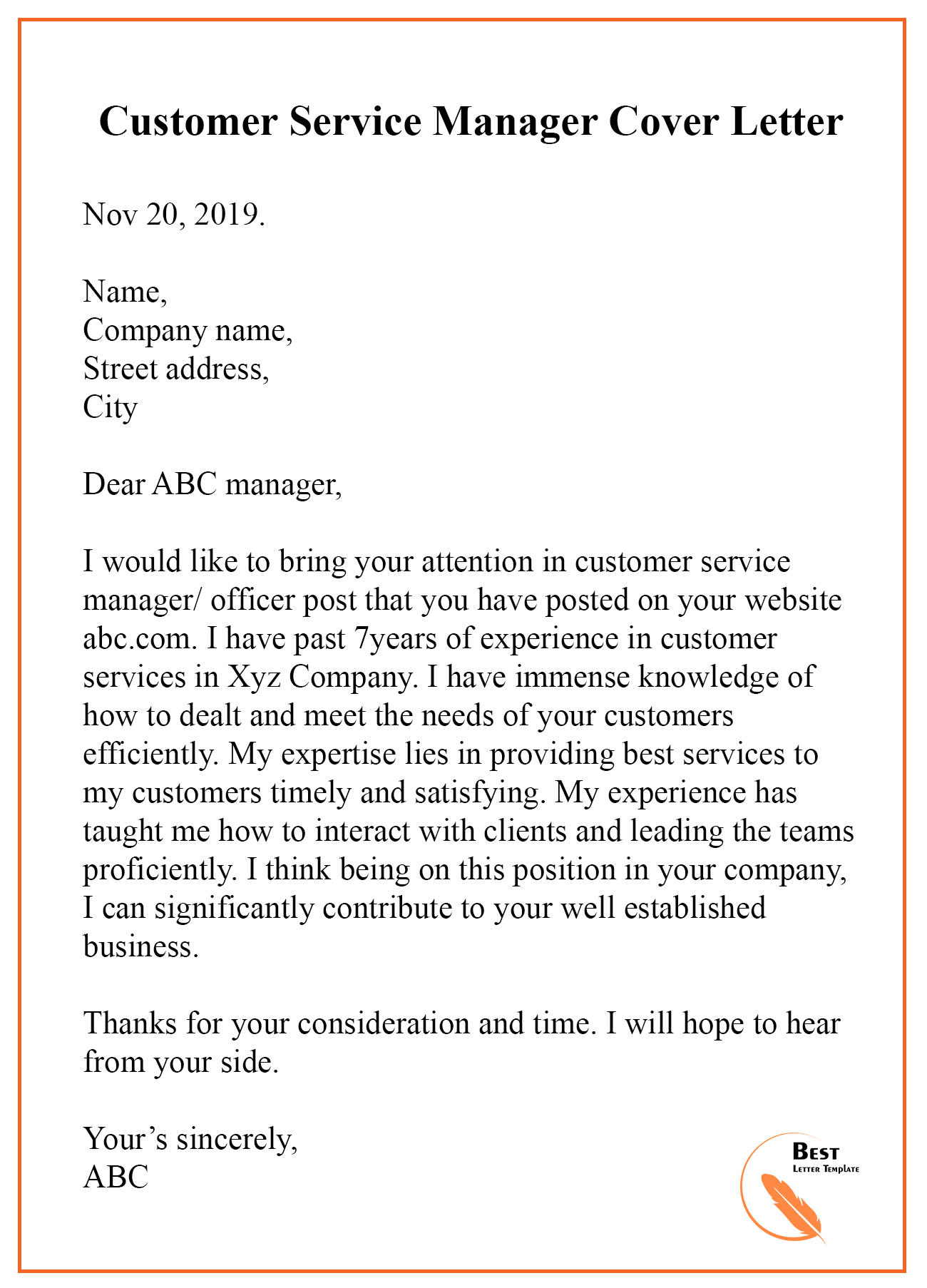 Sample Cover Letter Template For Customer Service PDF Doc