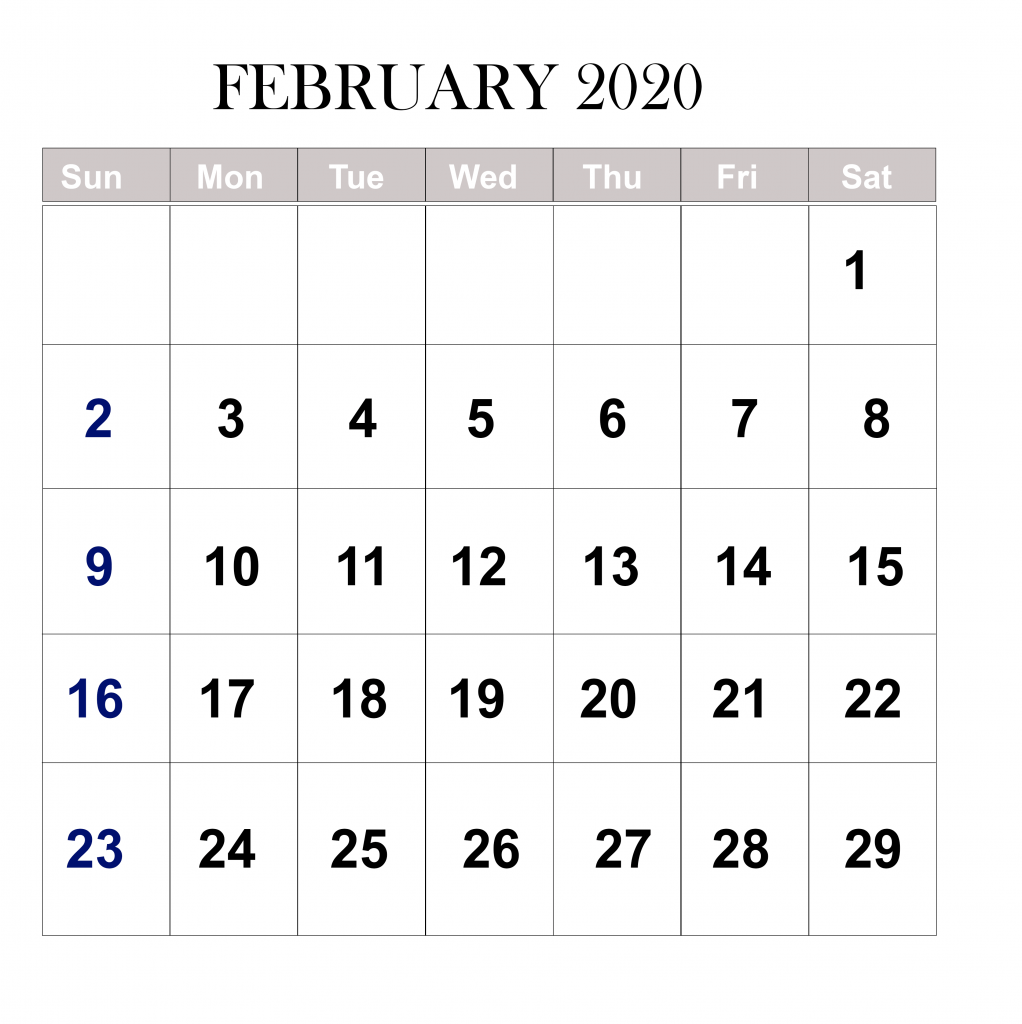 Free Printable February Calendar 2020 Template in PDF Word Excel