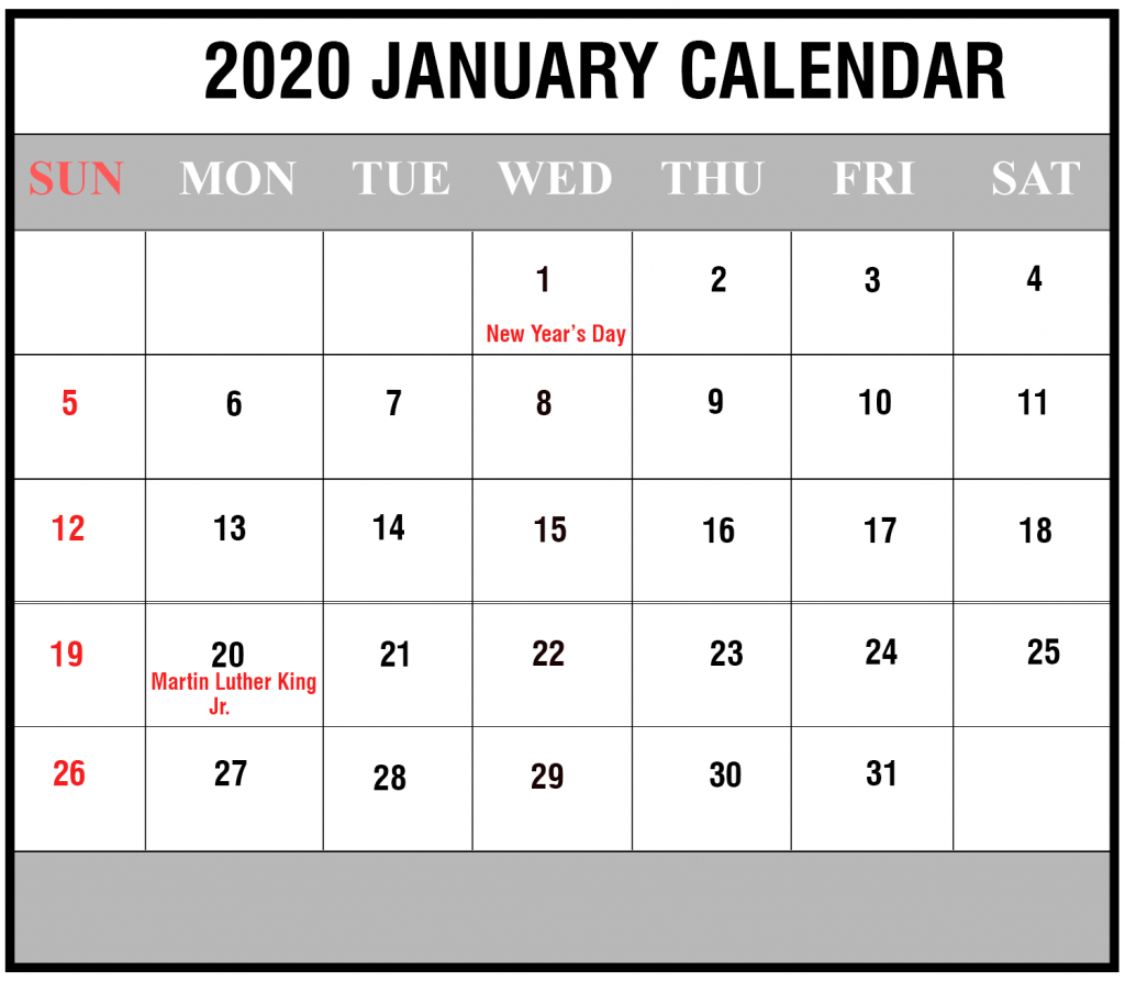 Free Printable January 2020 Calendar Template in PDF, Excel Word
