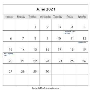 Free Printable June 2021 Calendar Template in PDF Word Excel
