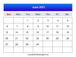 Free Printable June 2021 Calendar Template in PDF Word Excel