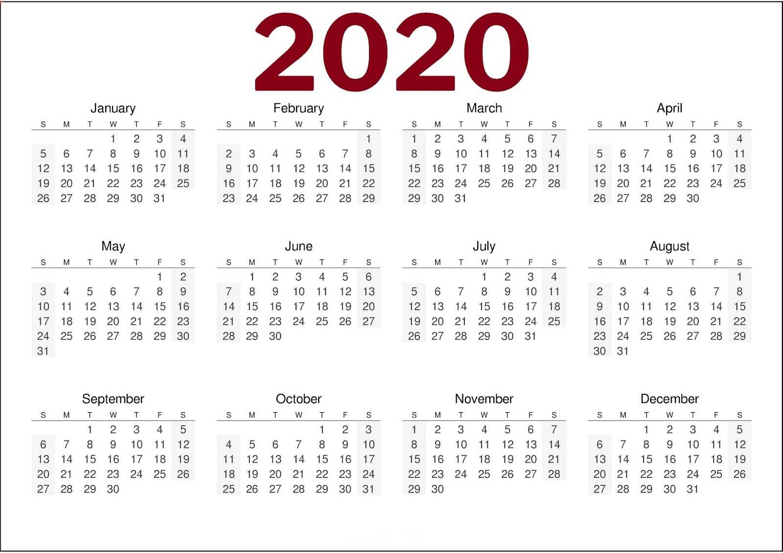 Free Printable Blank 2020 One Page Calendar Template