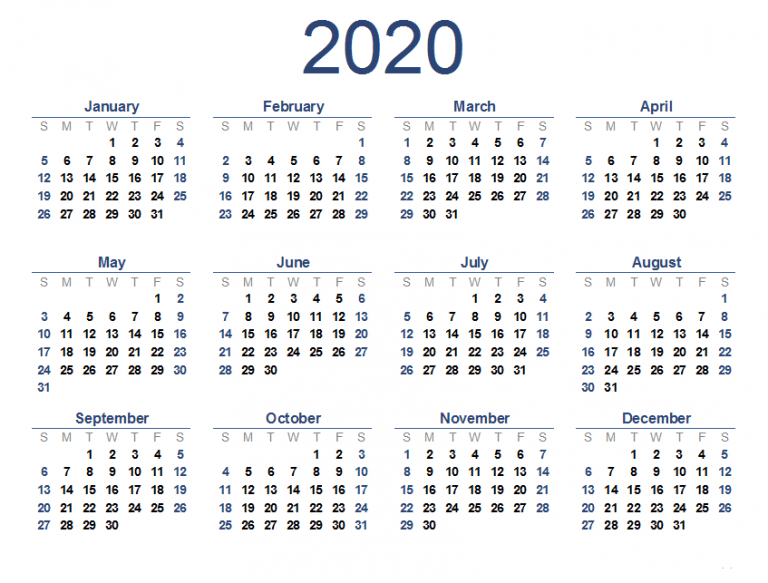 Free Printable Blank 2020 One Page Calendar Template