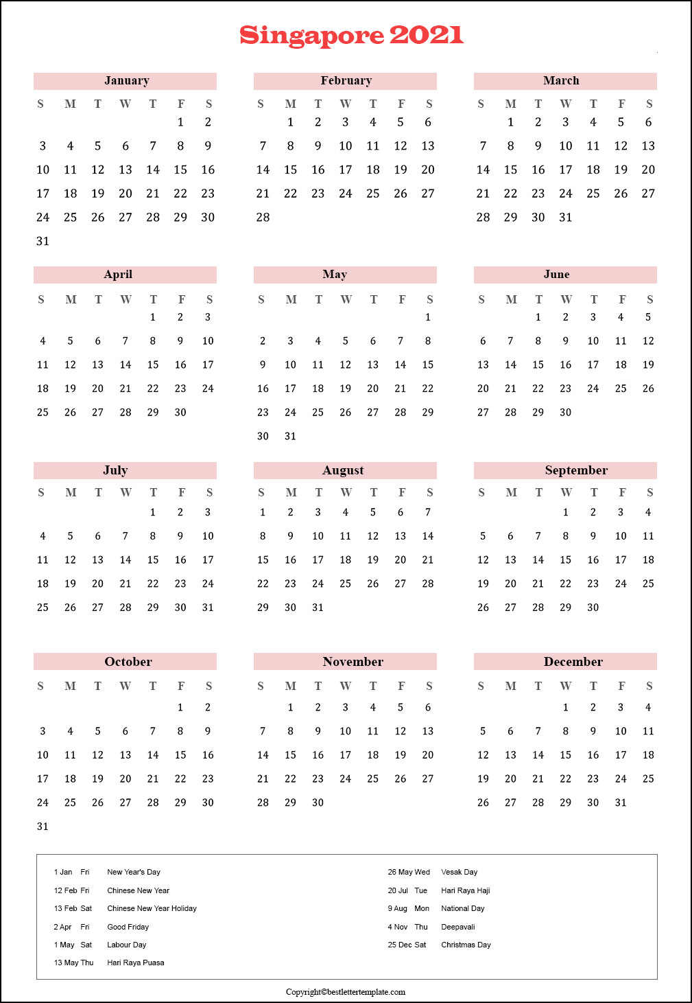 Free Printable Singapore 2021 Calendar with Public Holidays